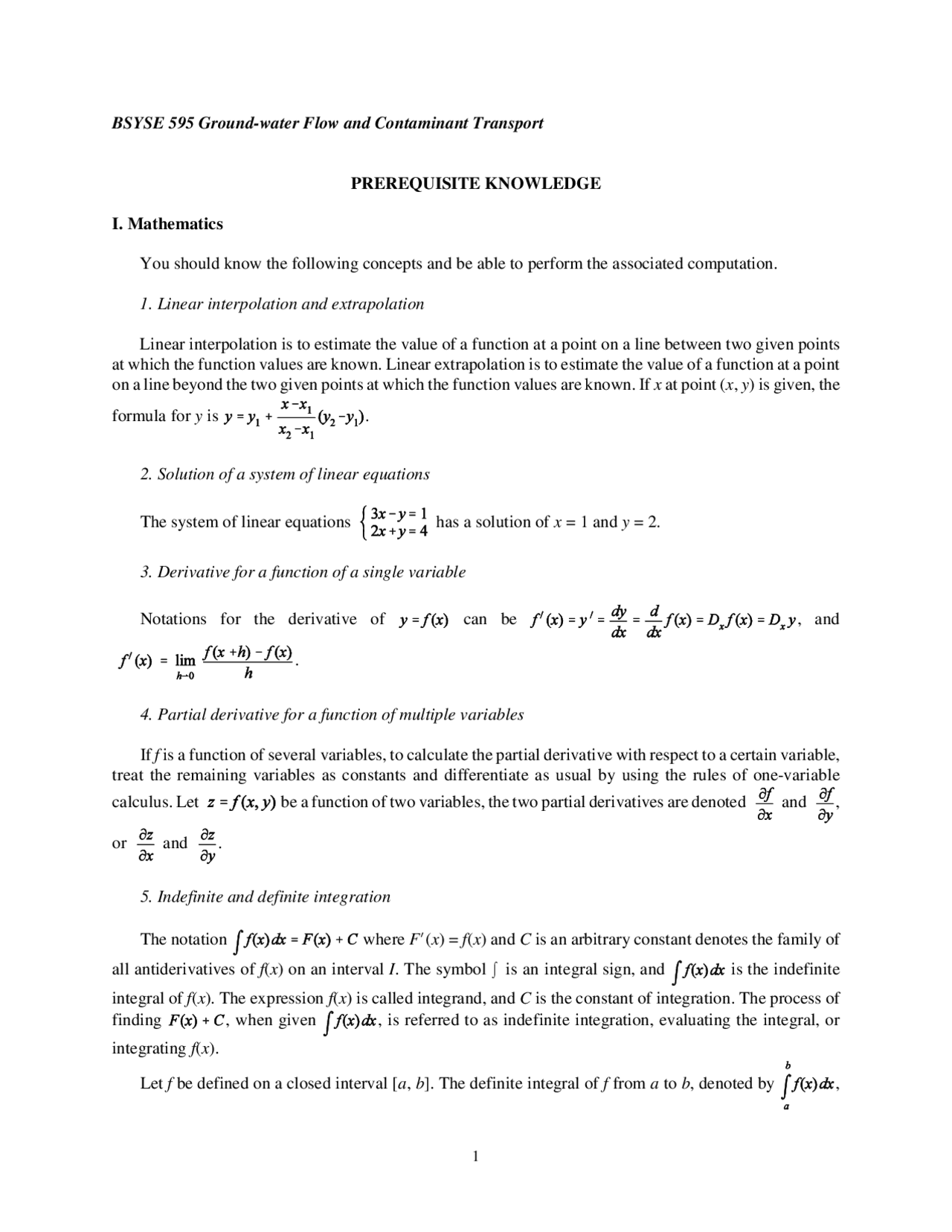 Prerequisite Knowledge Lecture Notes Bsyse 595 Docsity