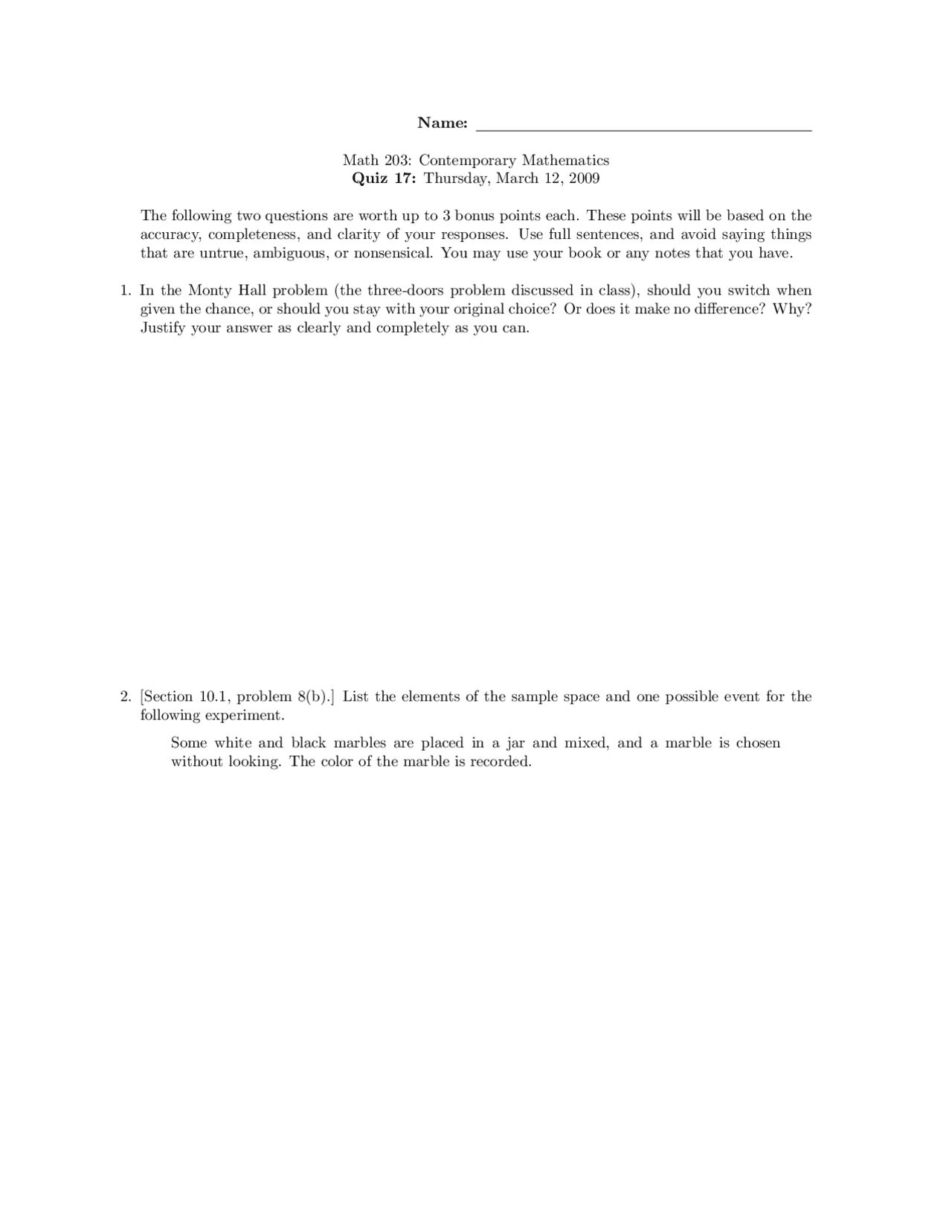 Questions For Quiz 17 Contemporary Mathematics Fall 2009 Math 203