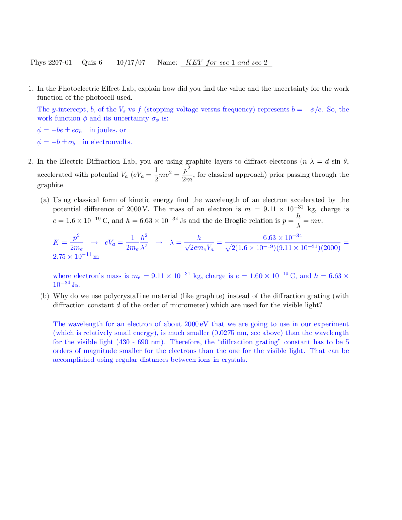 Quiz 6 Solutions Modern Physics Lab Phys 2207 Docsity