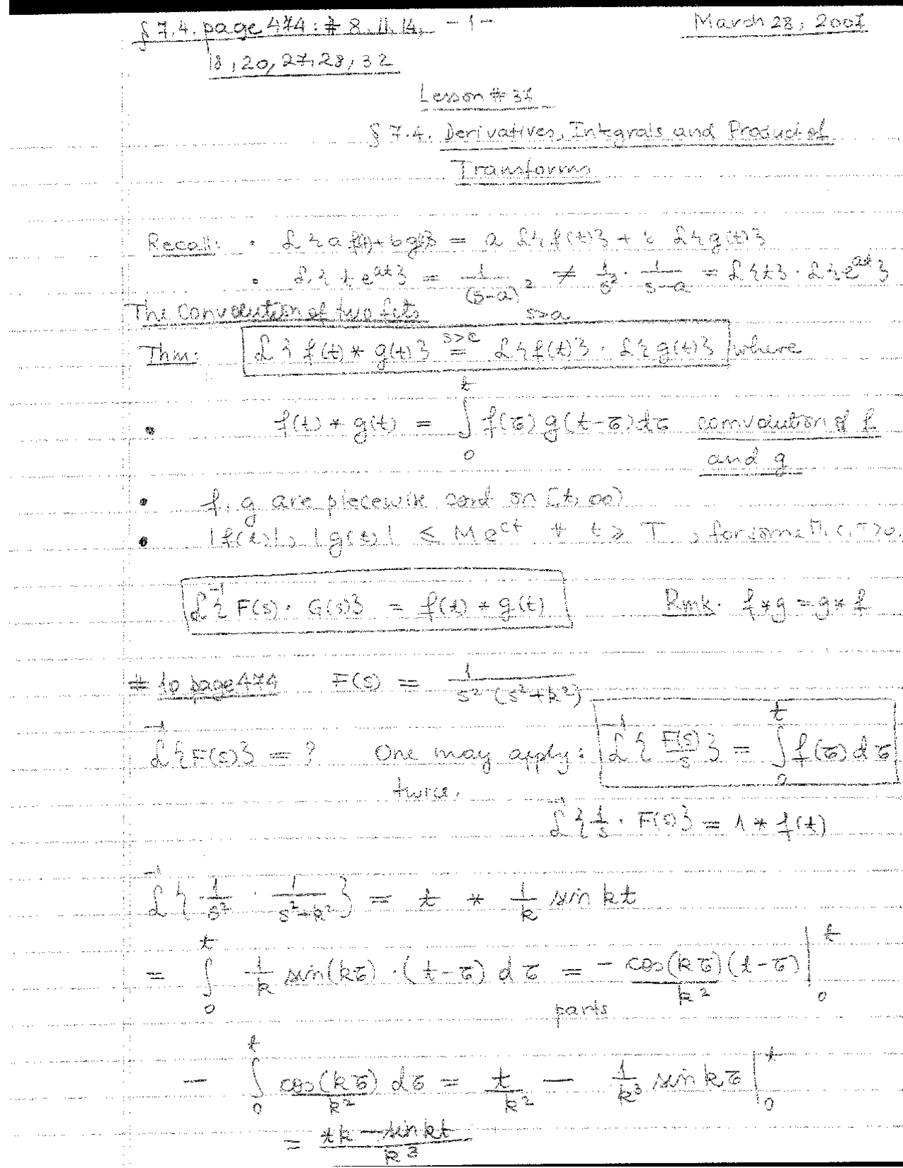 Handout Notes For Derivatives Integrals And Product Of Transform