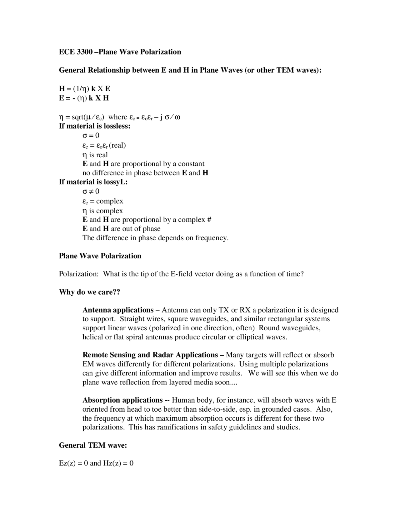 Plane Wave Polarization: Relationship between E and H, and Types of Polarization - Prof. C ...
