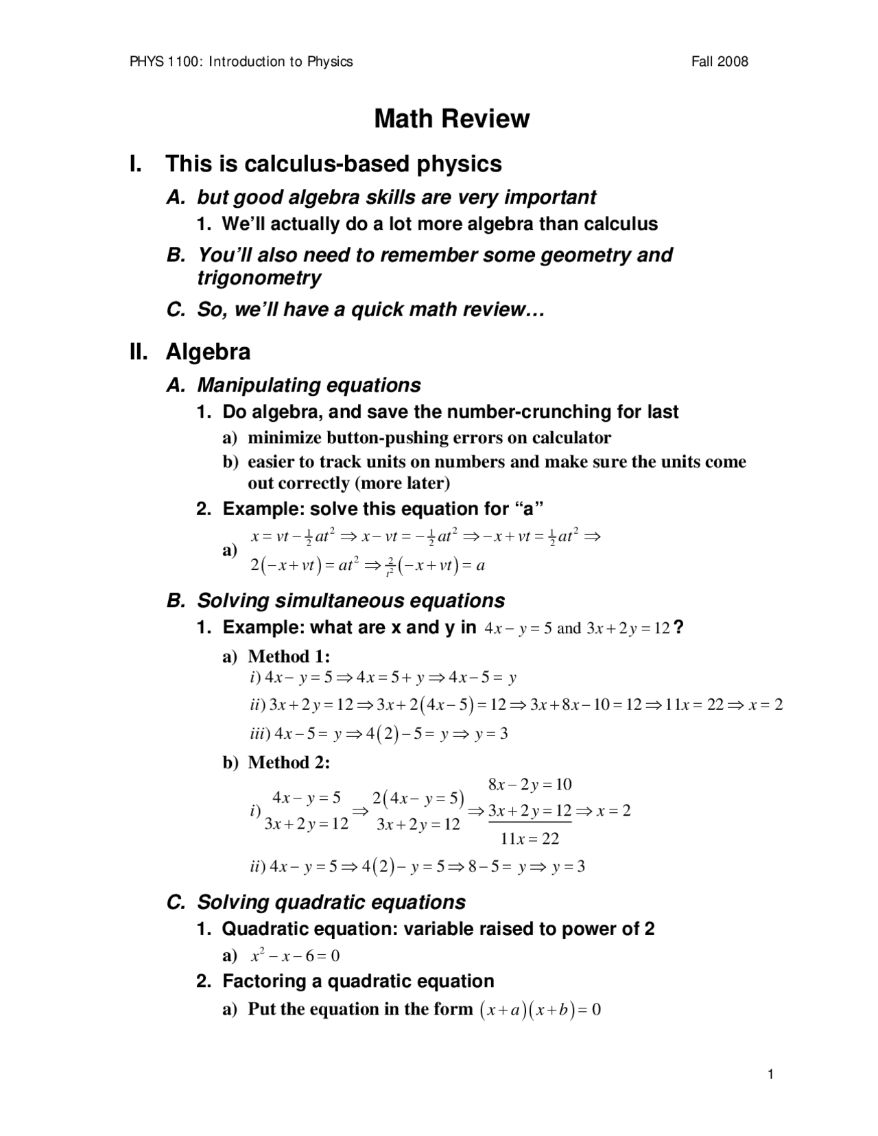Solving Simultaneous Equation Introduction To Physics Phys 1100