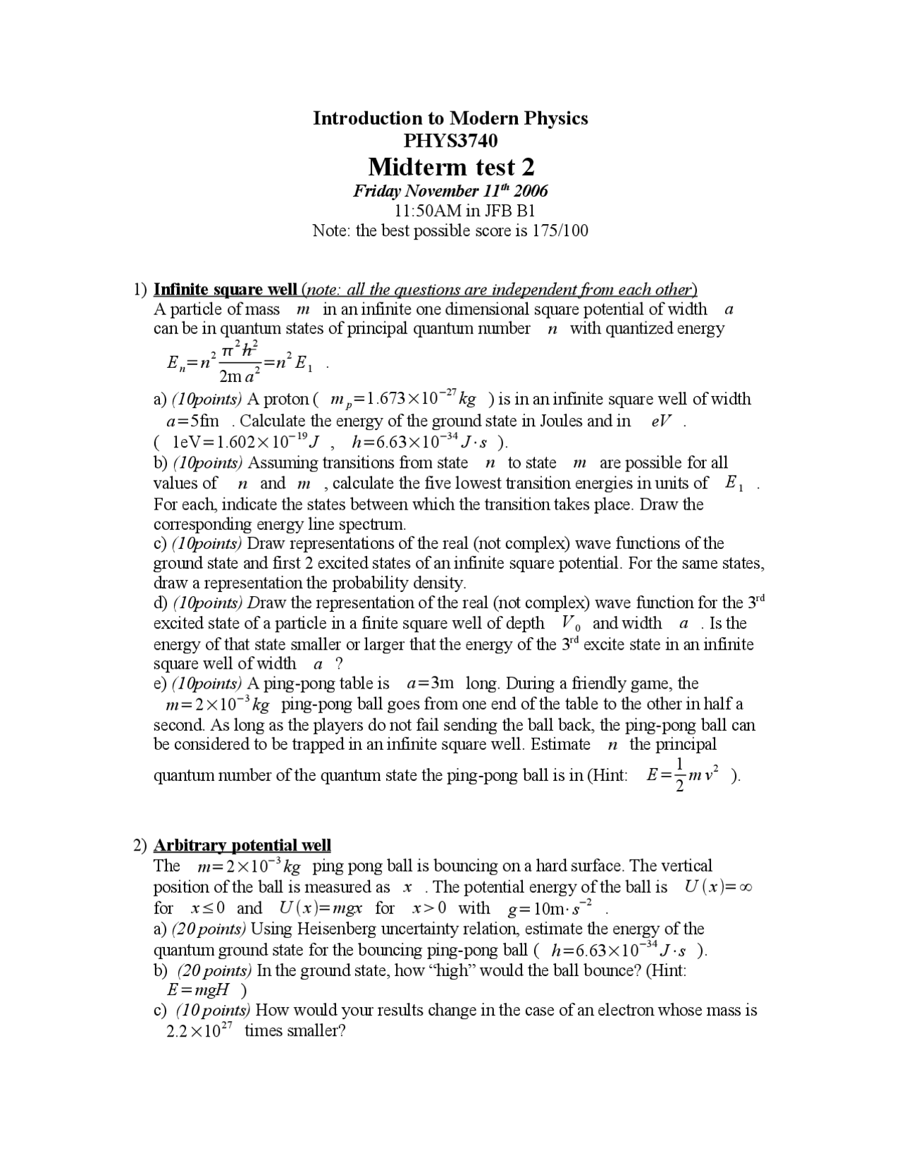 Midterm Test 2 - Introduction to Quantum Theory and Relativity | PHYS ...