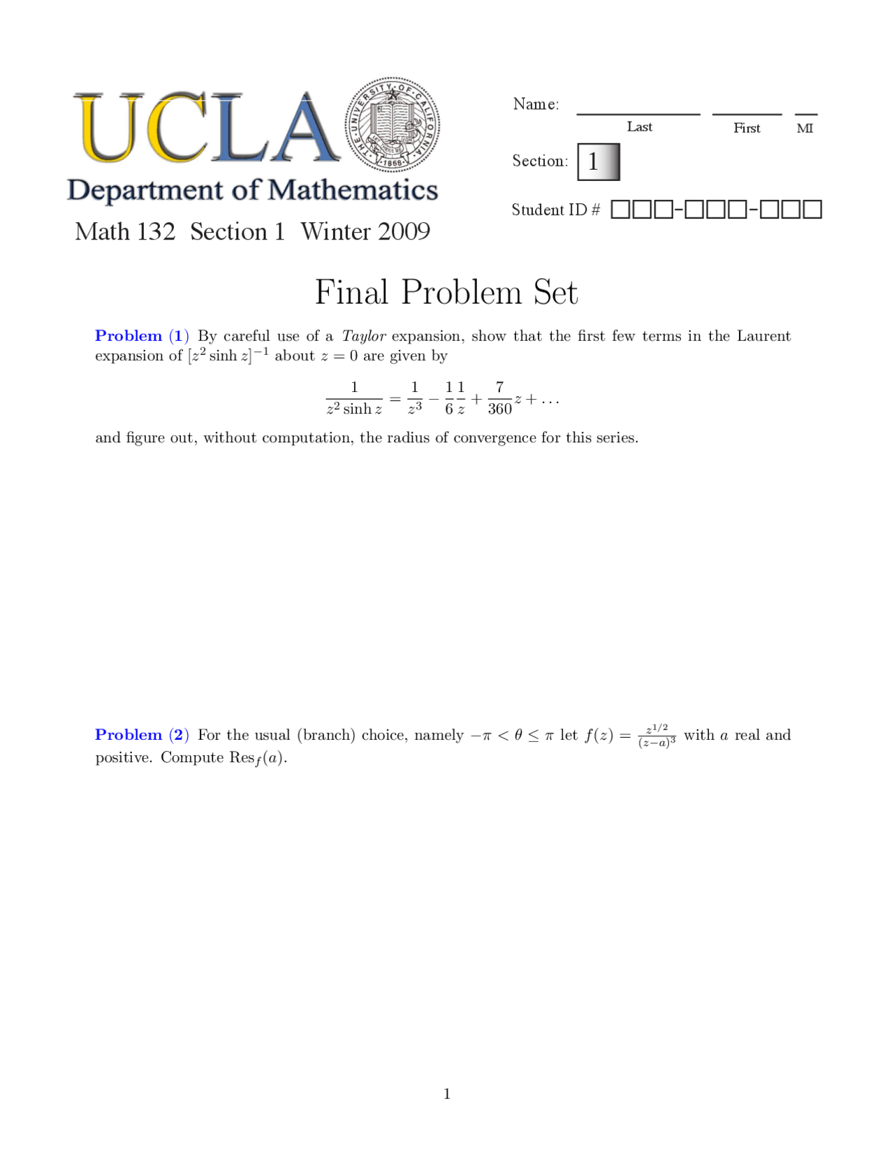 Final Problem Set Complex Analysis For Applications Math 132 Docsity