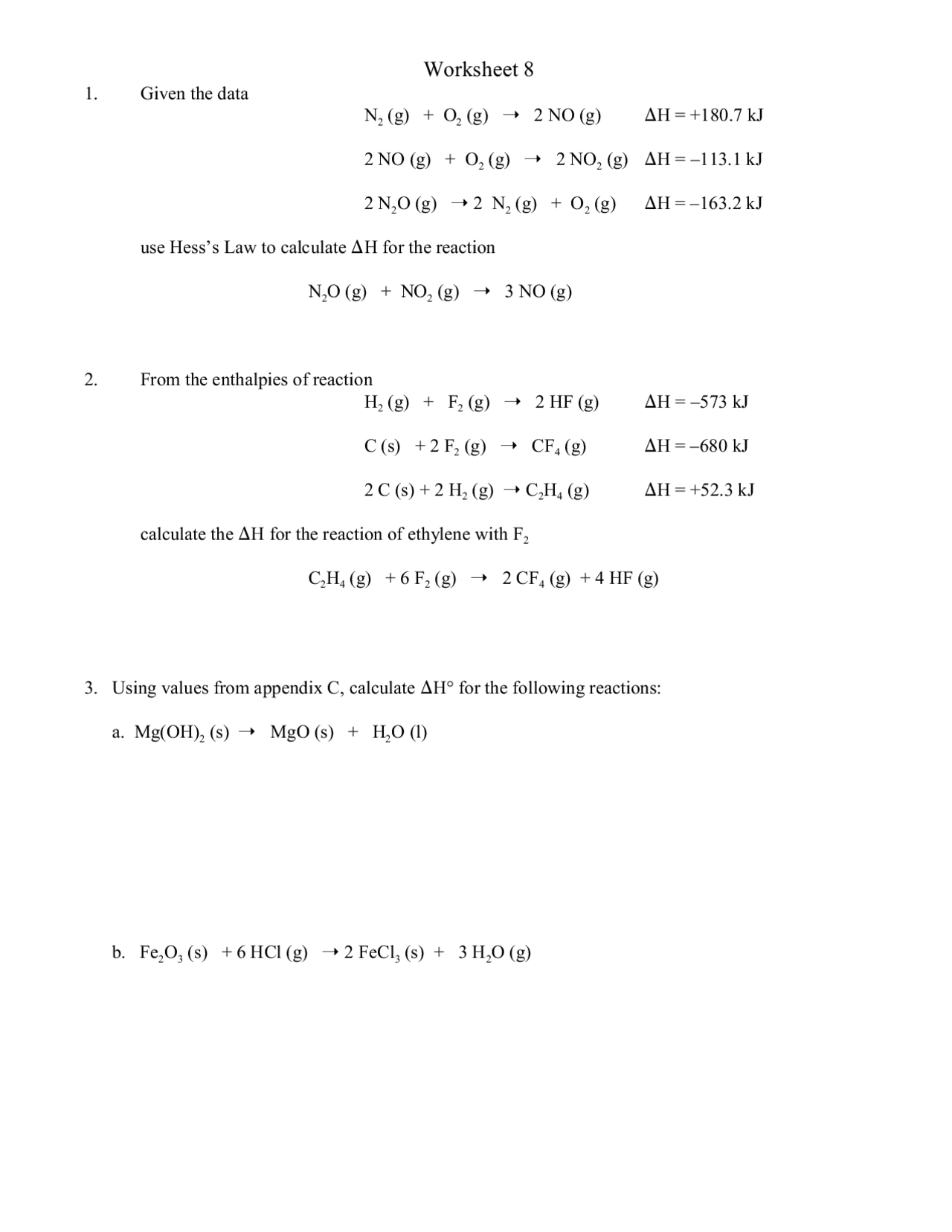 Hess's Law - Worksheet 8 - General chemistry | CH 221 - Docsity