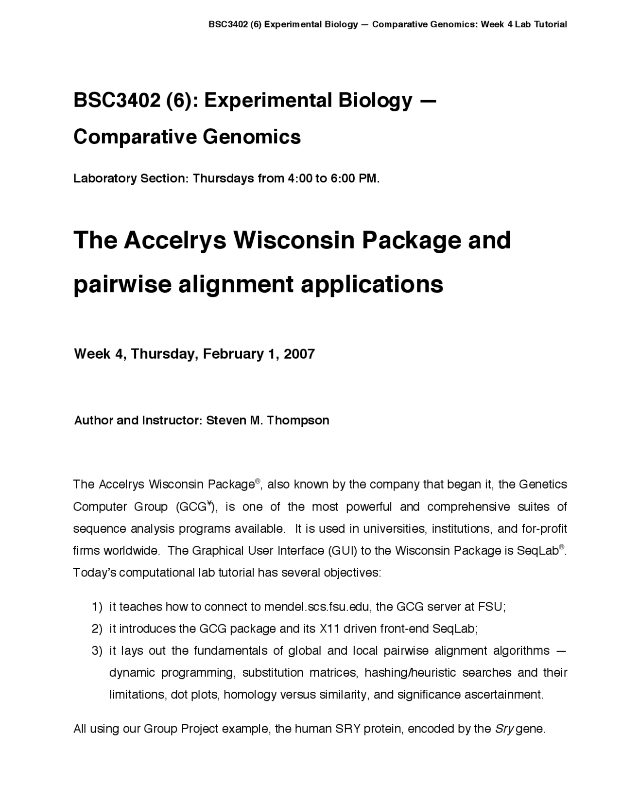 The Acela’s Wisconsin Package and Pairwise Alignment Applications | BSC 3402L - Docsity