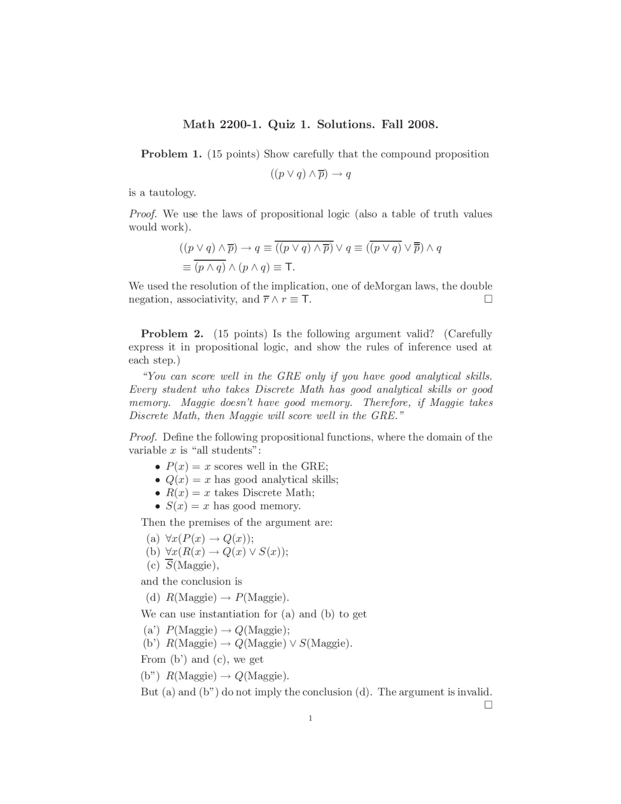 Quiz 1 With Solutions Discrete Mathematics Fall 2008 Math 2200 Docsity