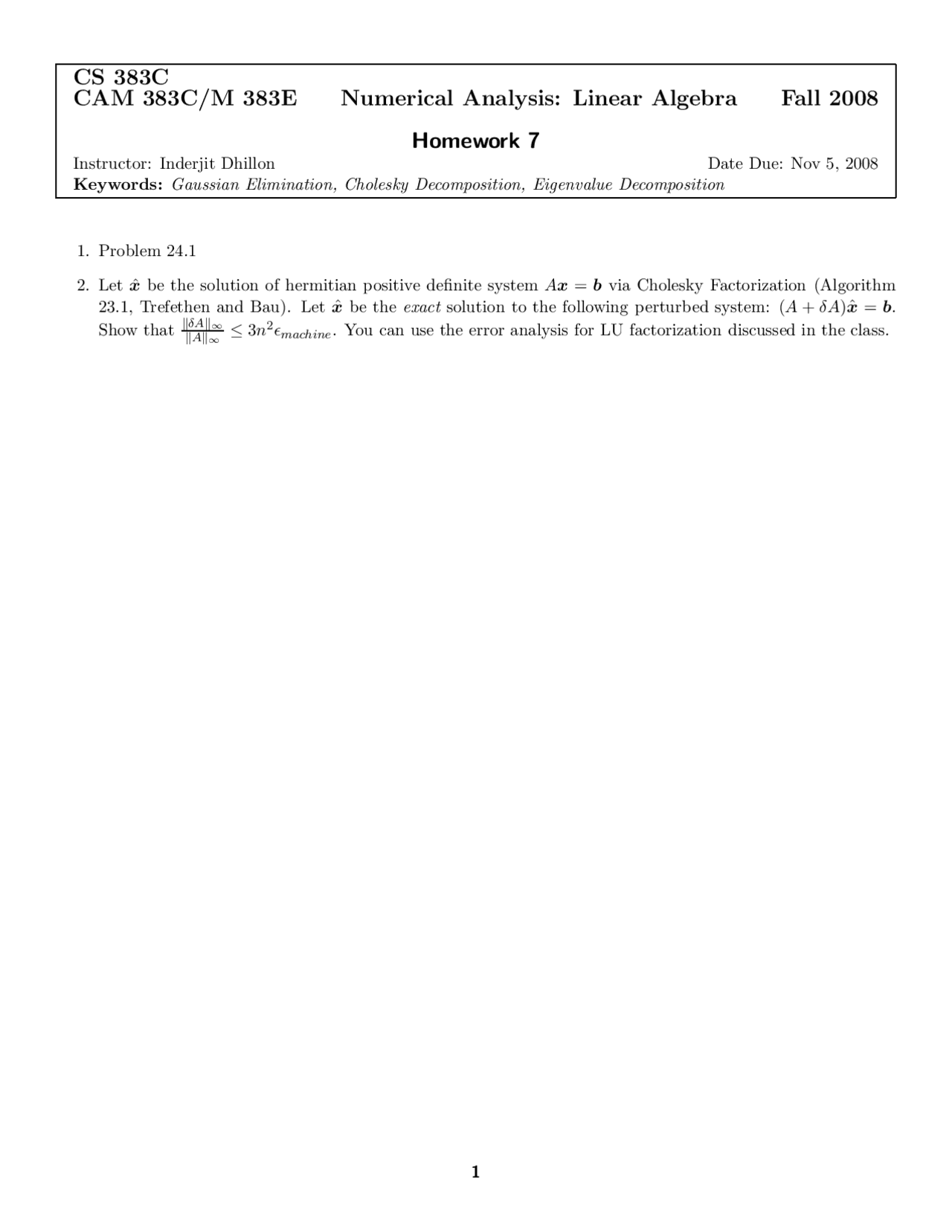 Homework Problem Numerical Analysis Linear Algebra Cam 383c Docsity