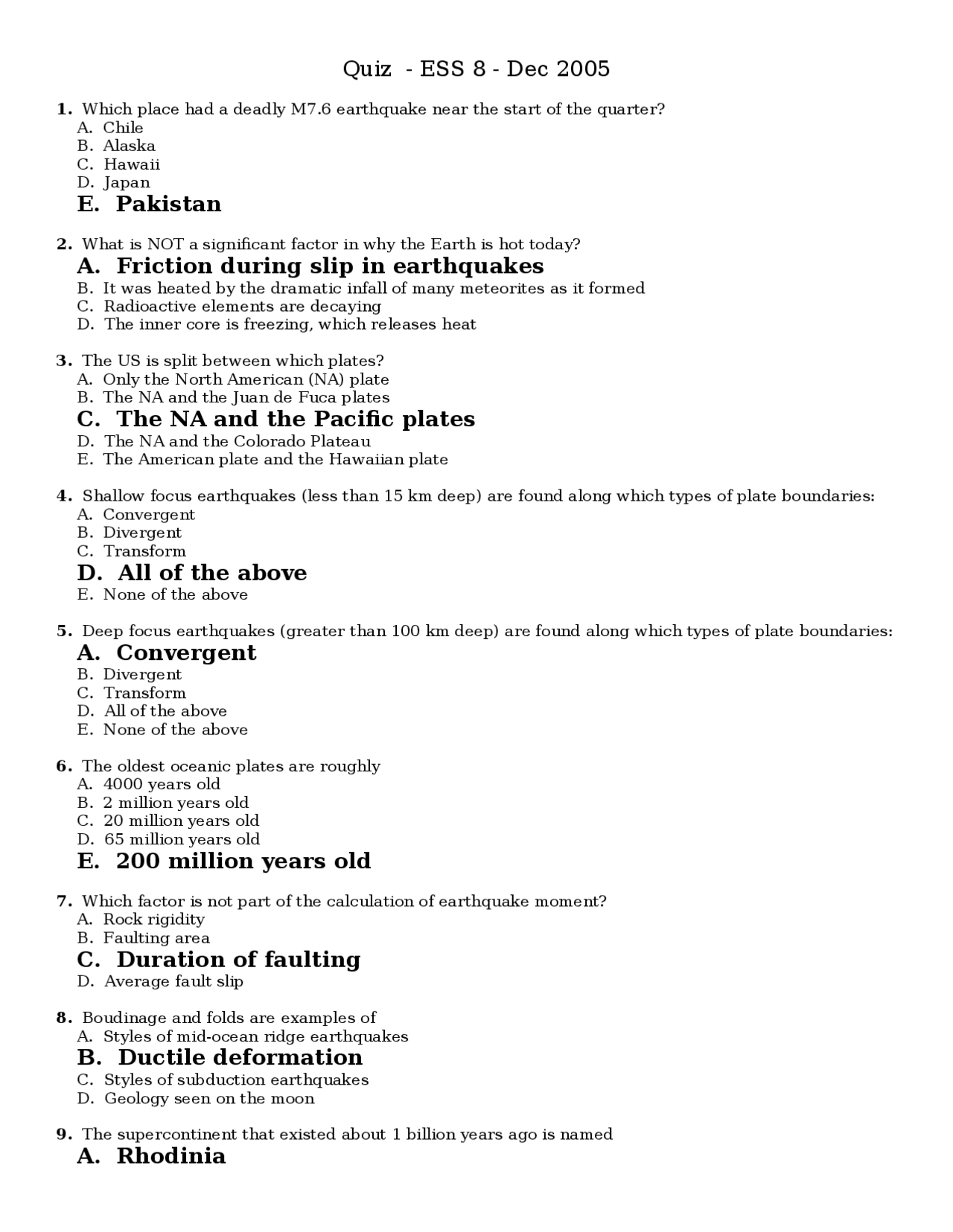 Practice Quiz with Answer Key - Earthquakes | E&S SCI 8 - Docsity