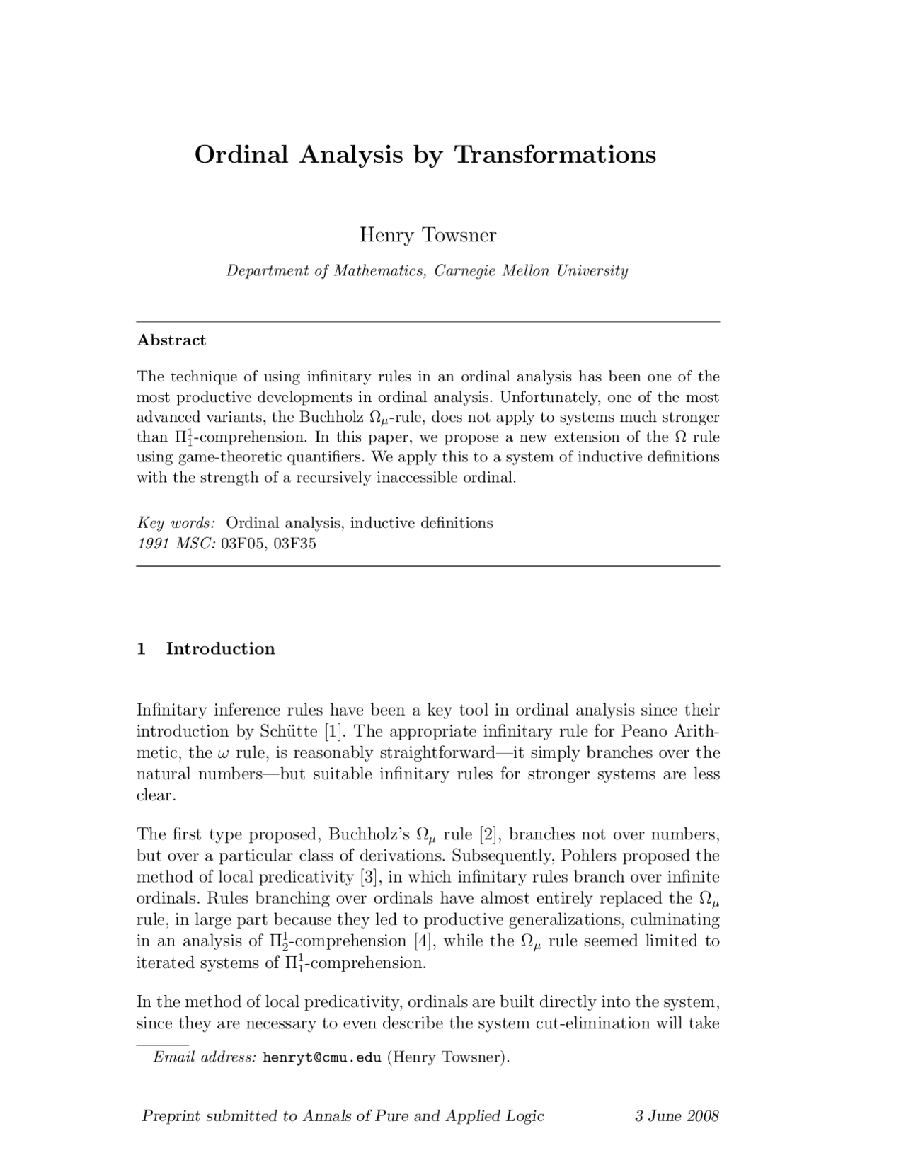 Ordinal Analysis by Transformations - Cryptography | MATH 0209A - Docsity