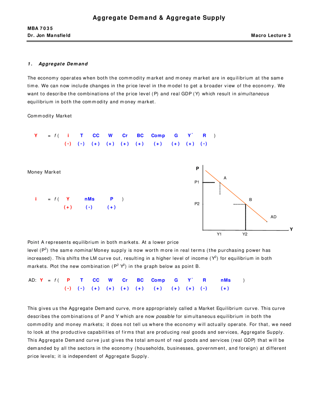 Aggregate Demand And Aggregate Supply Lecture Notes Mba 7035 Docsity