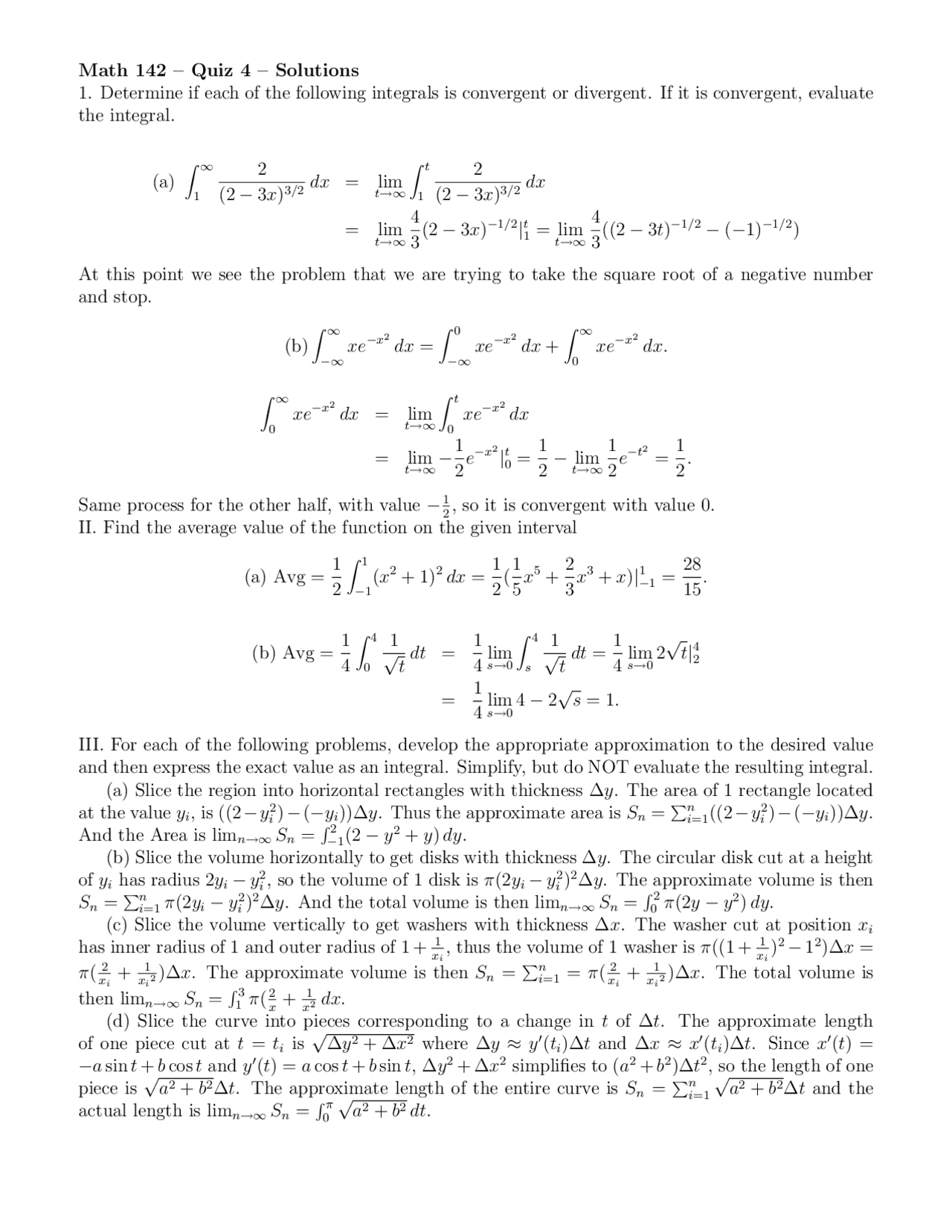 Quiz 4 with Solution - Calculus II | MATH 142 - Docsity