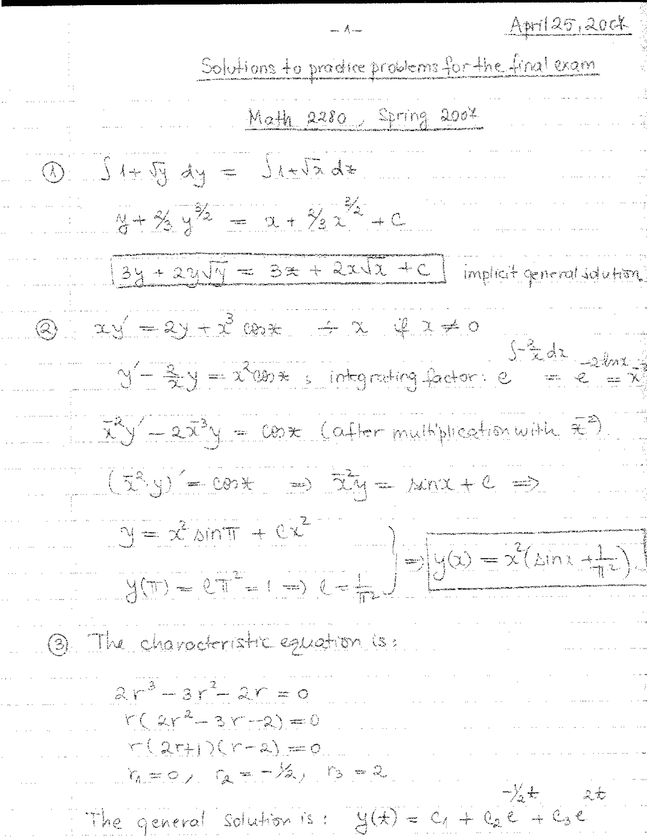 Solution To Practice Problems For The Final Exam Differential