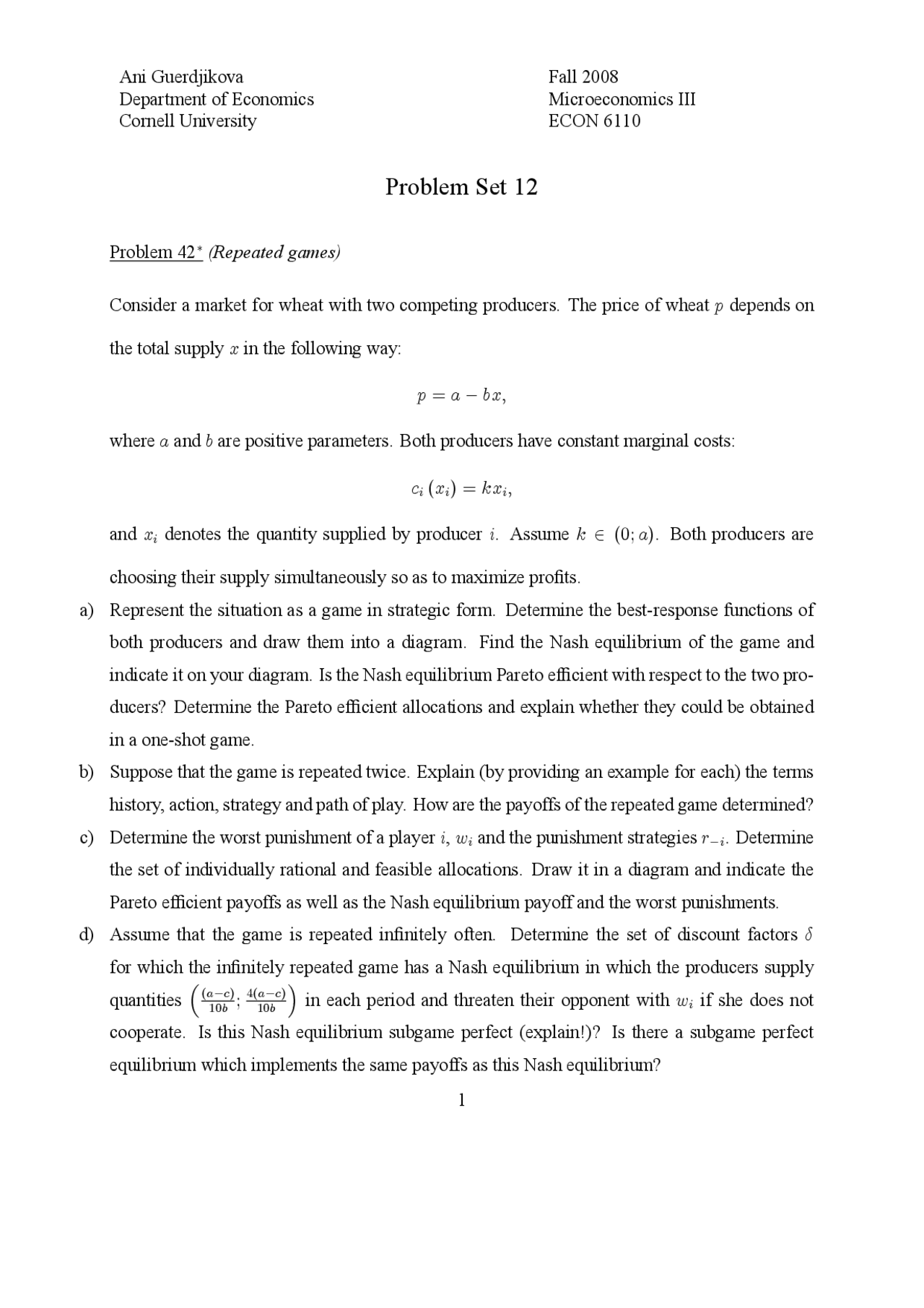 Problems Set 12 Microeconomic Theory Iii Econ 6110 Docsity