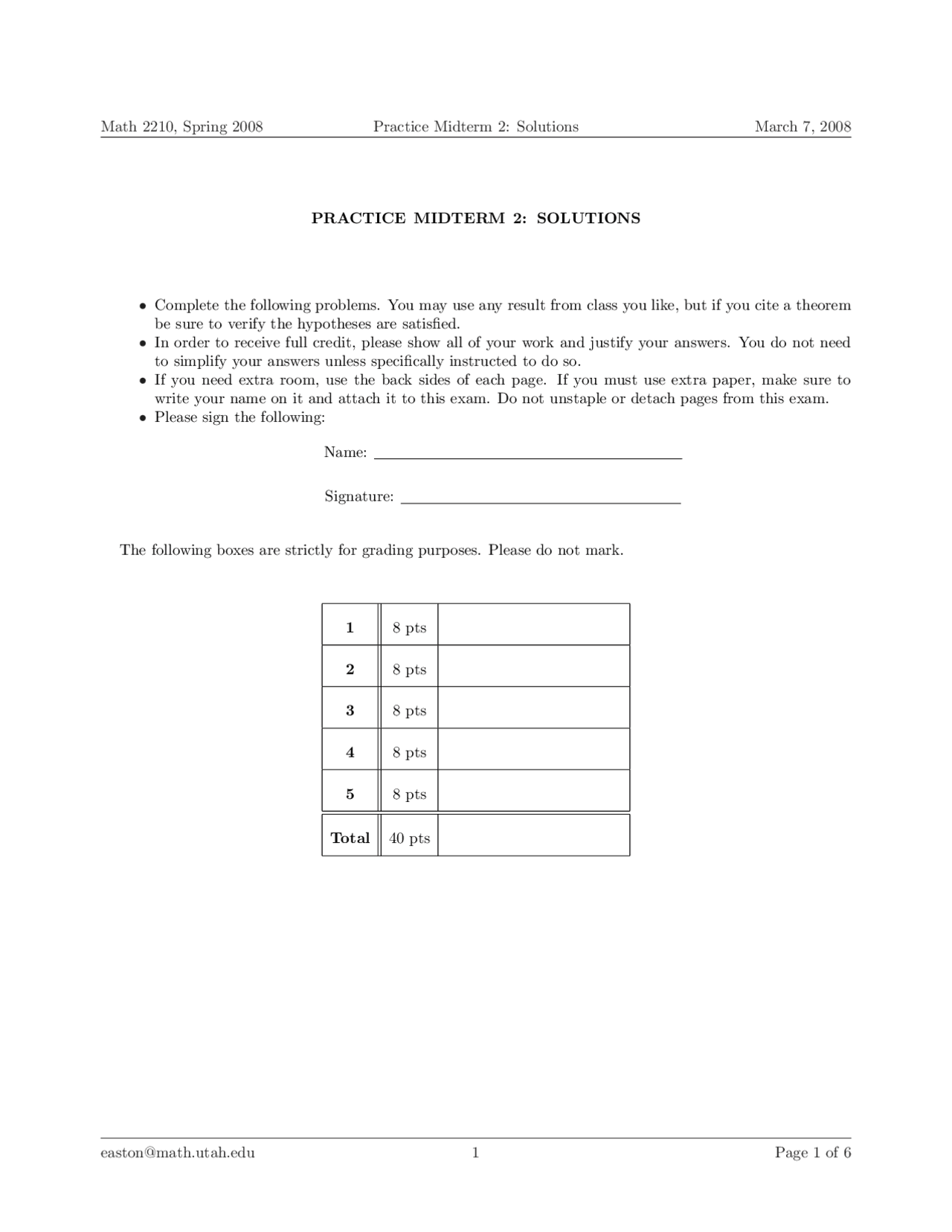 5 Questions On Calculus Iii With Solution Midterm Exam Math 2210