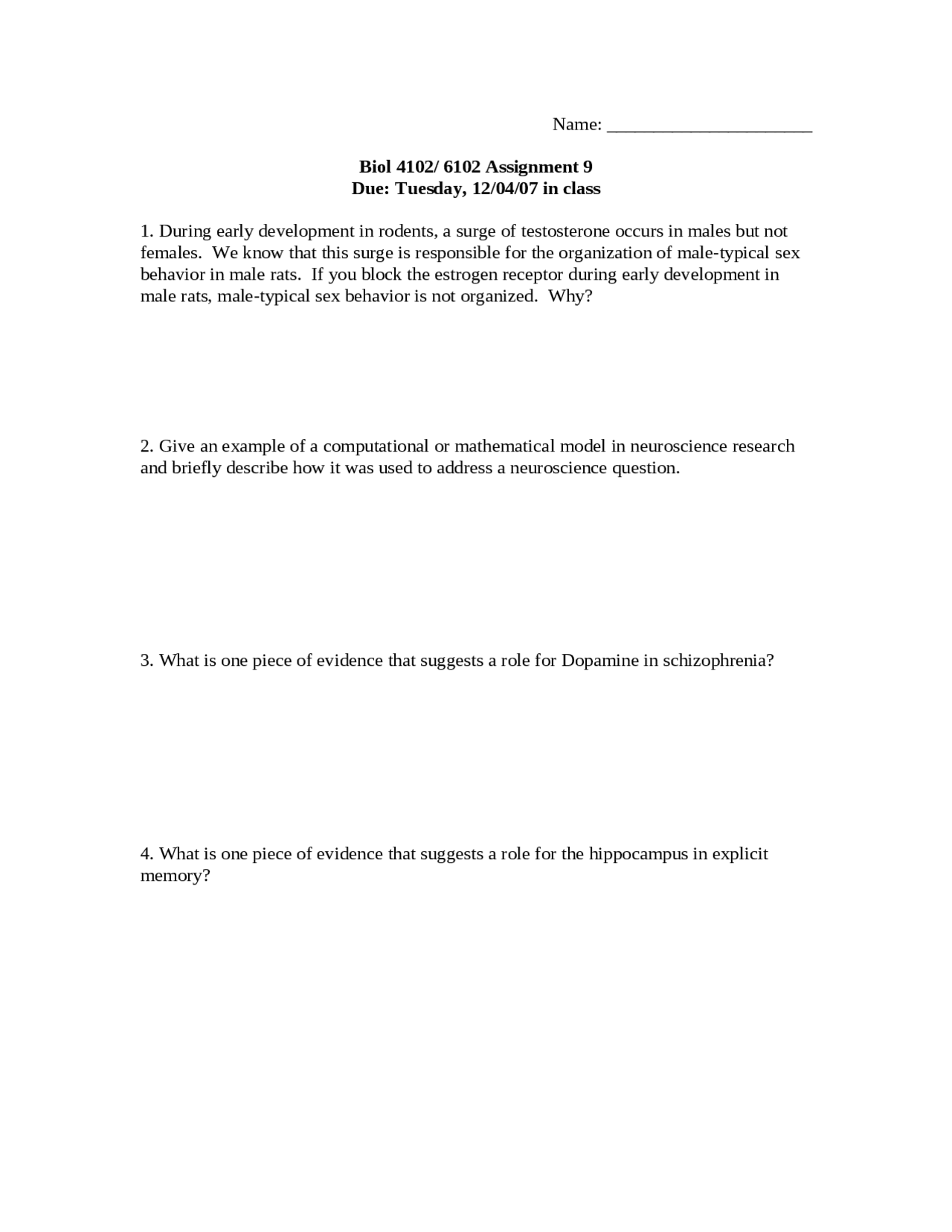4 Questions On Neurobiology Assignment 9 Biol 4102 Docsity