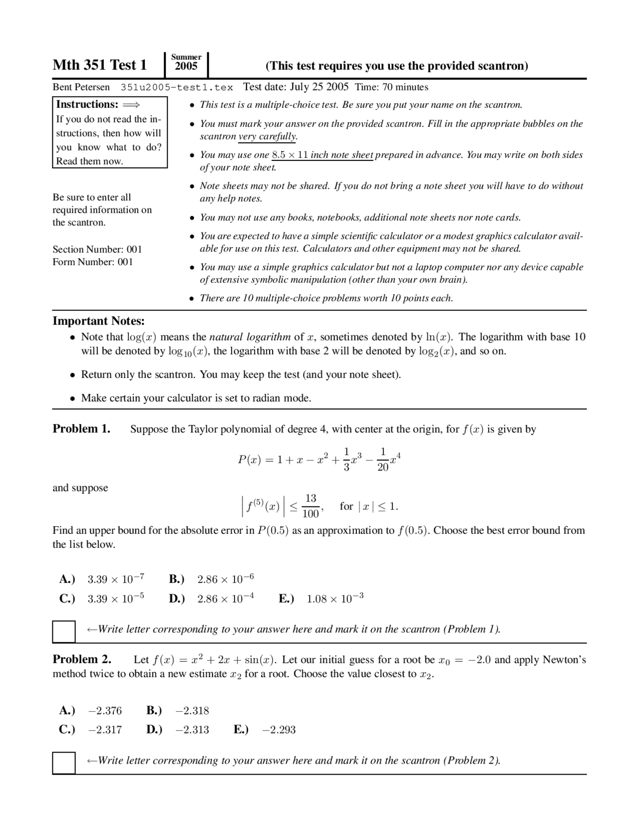 10 Problems Exam 1 Introduction To Numerical Mth 351 Docsity