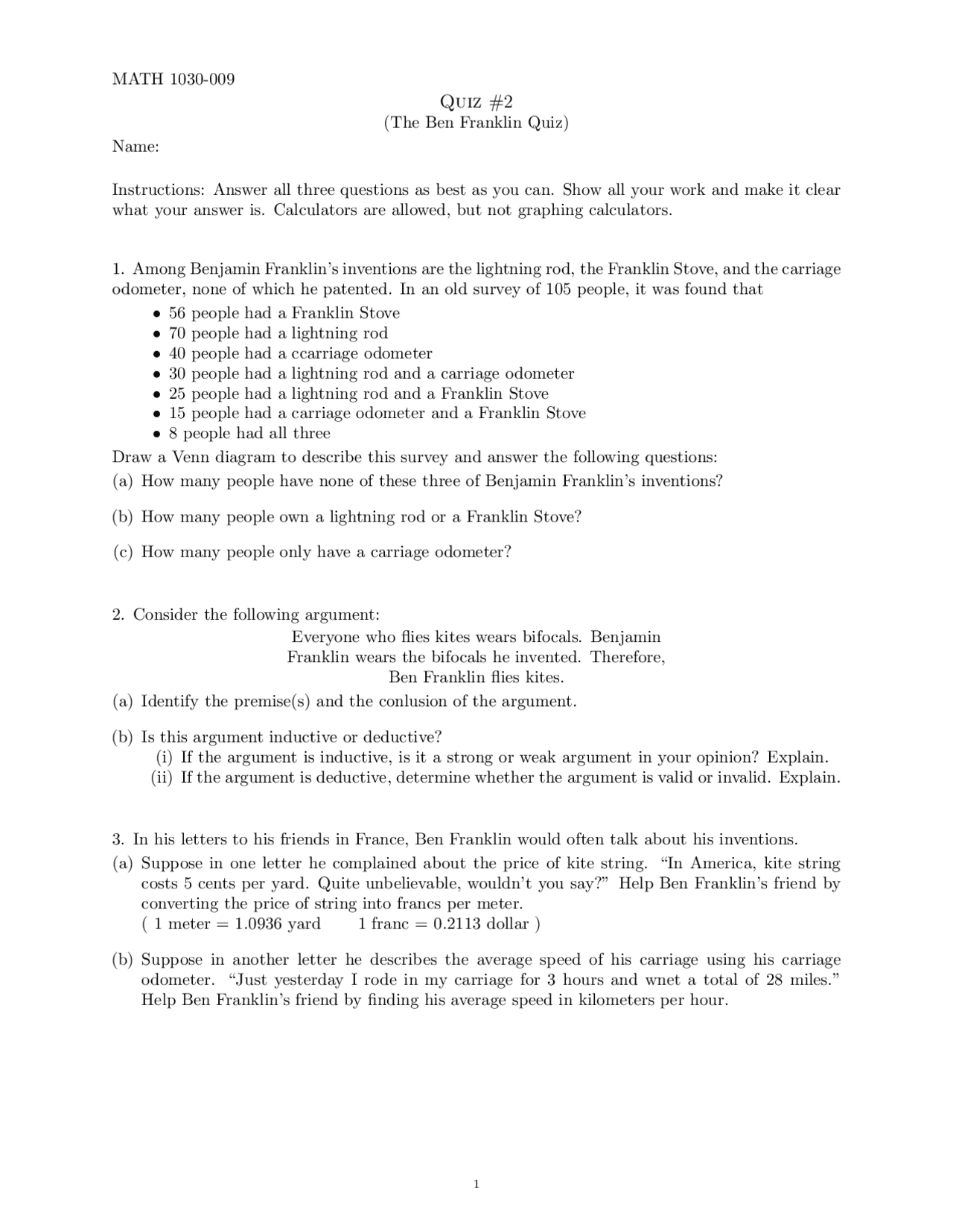 Quiz 2 For Introduction To Quantitative Reasoning Math 1030 Quizzes
