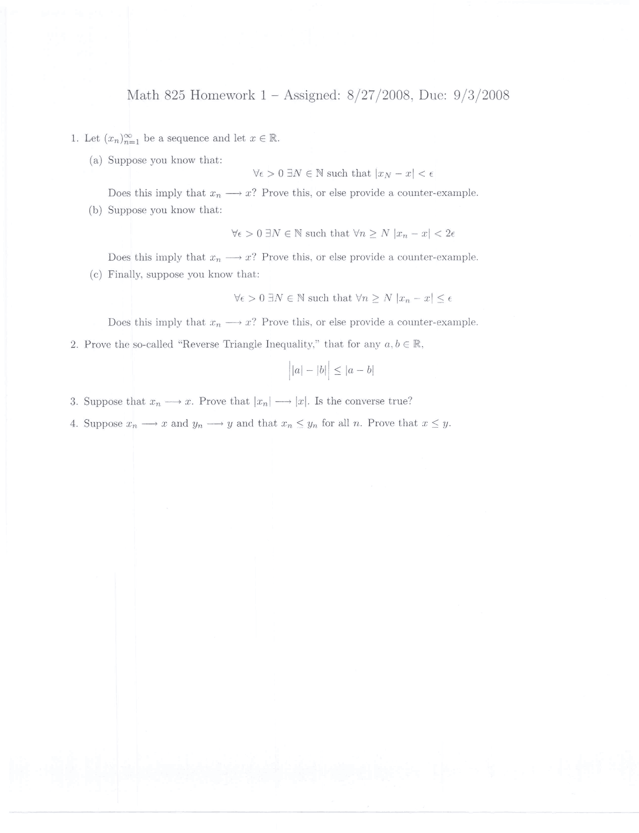 Mathematical Analysis I Assignment 1 Questions Math 825 Docsity