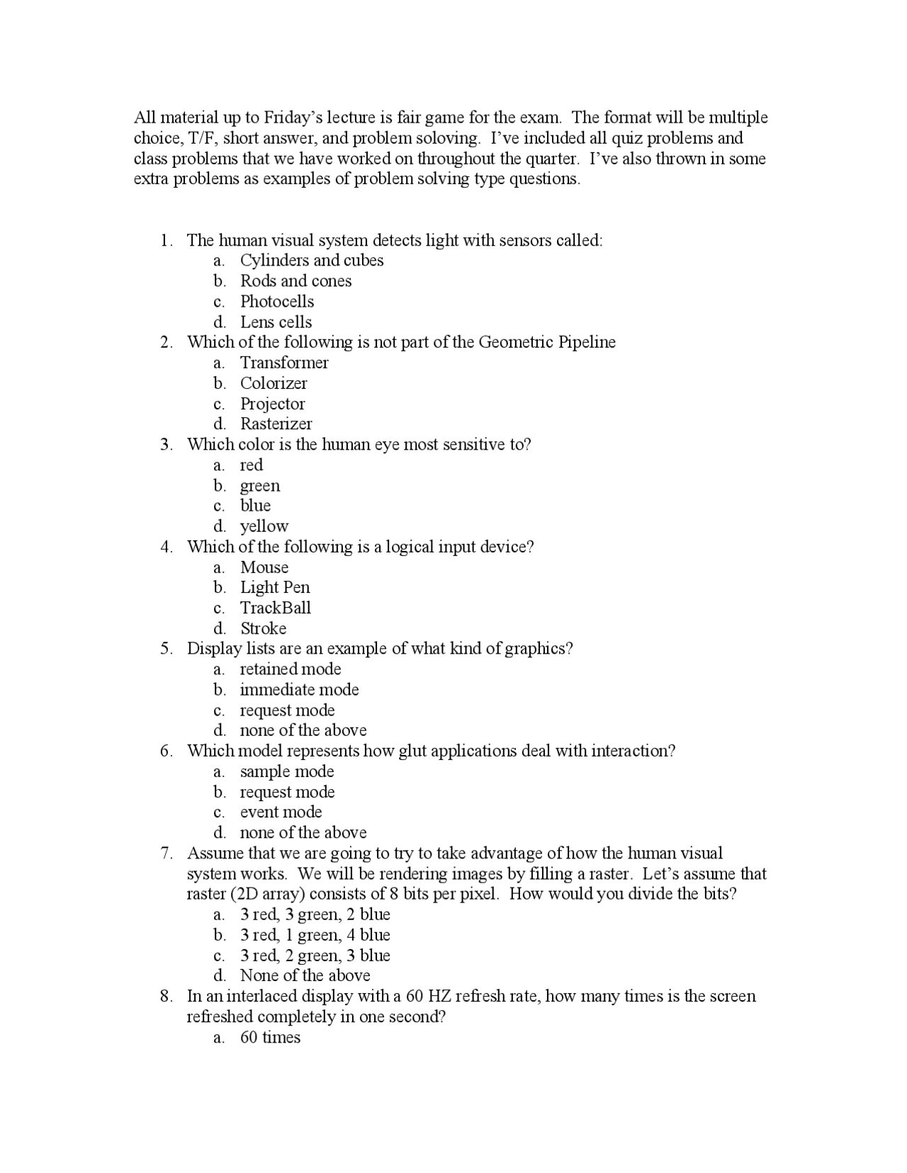14 Questions On Introduction To Computer Graphics Cs 450 Docsity