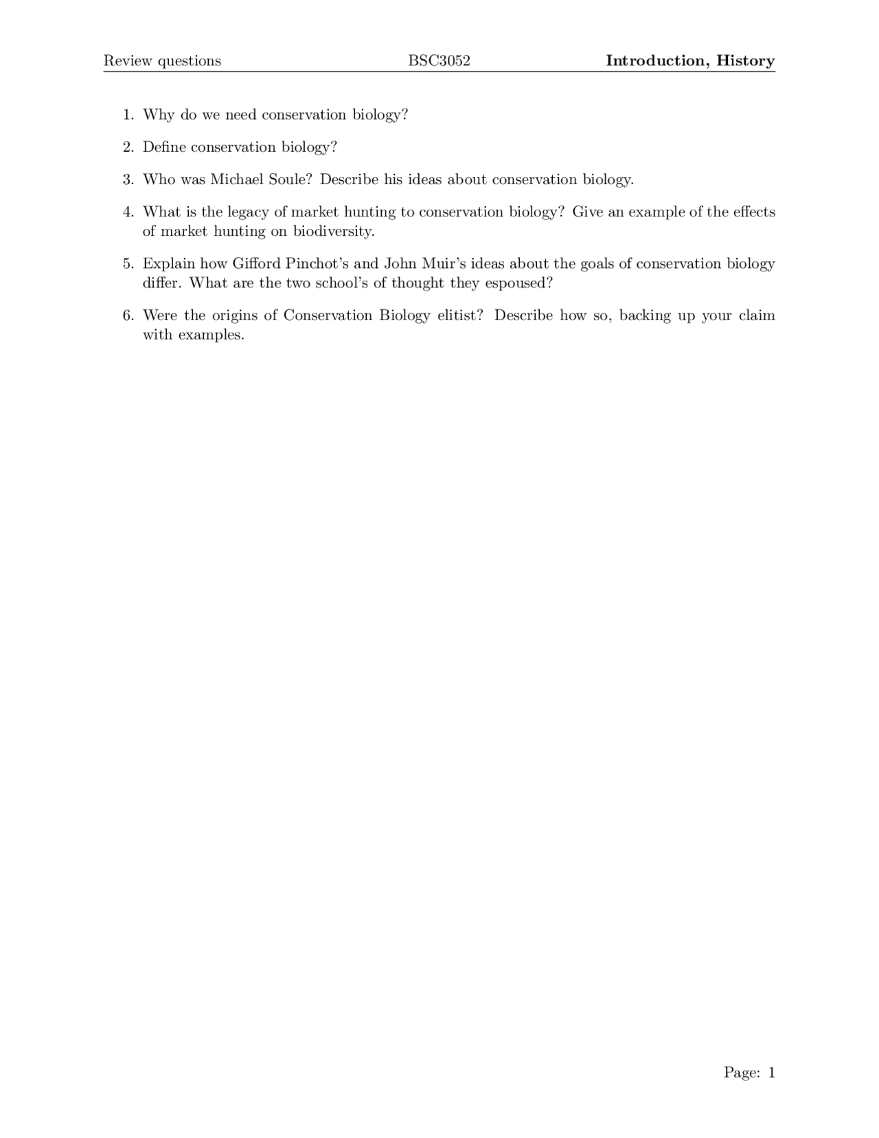 6 Questions In Conservation Biology Review Sheet Bsc 3052 Docsity