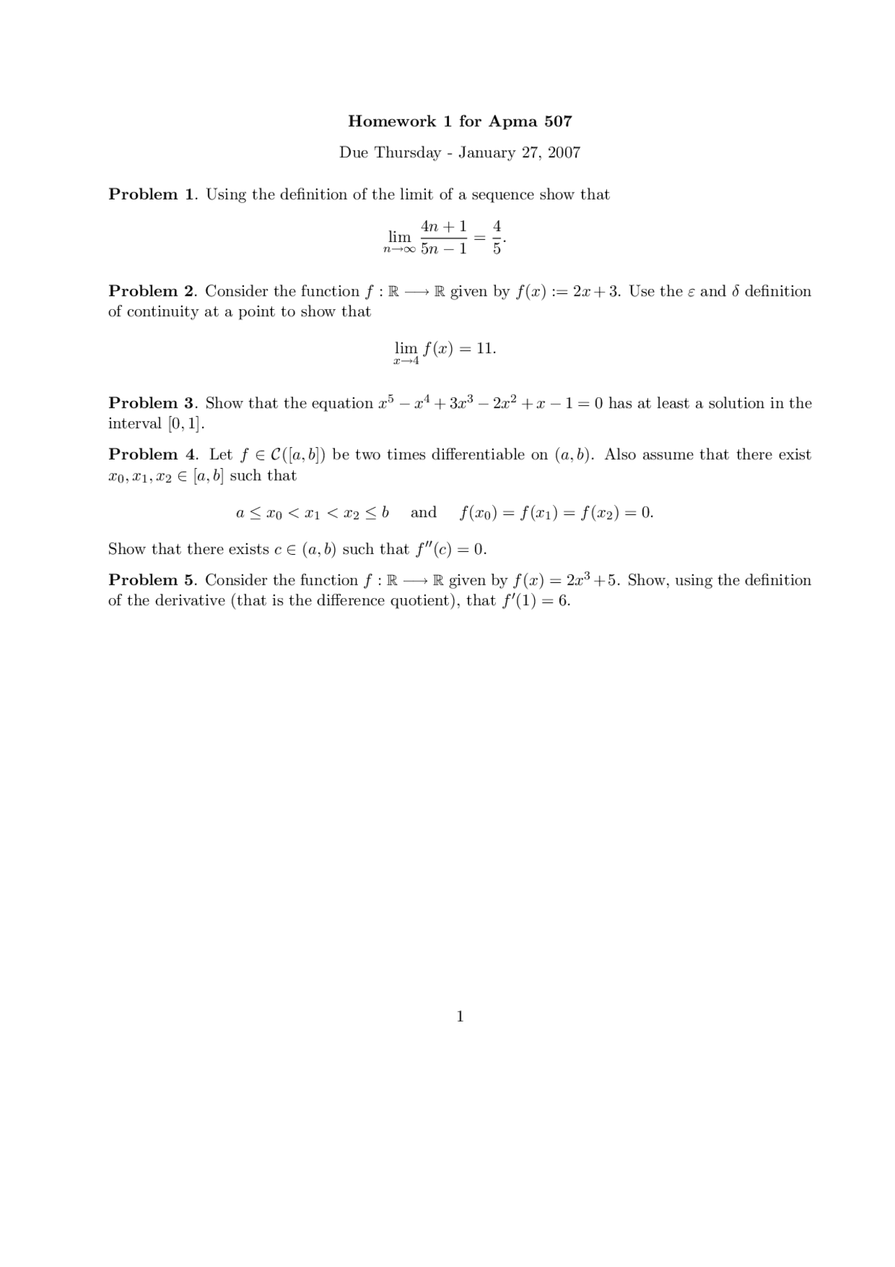 5 Problems on Differentiation Equations - Homework 1 | APMA 5070 - Docsity