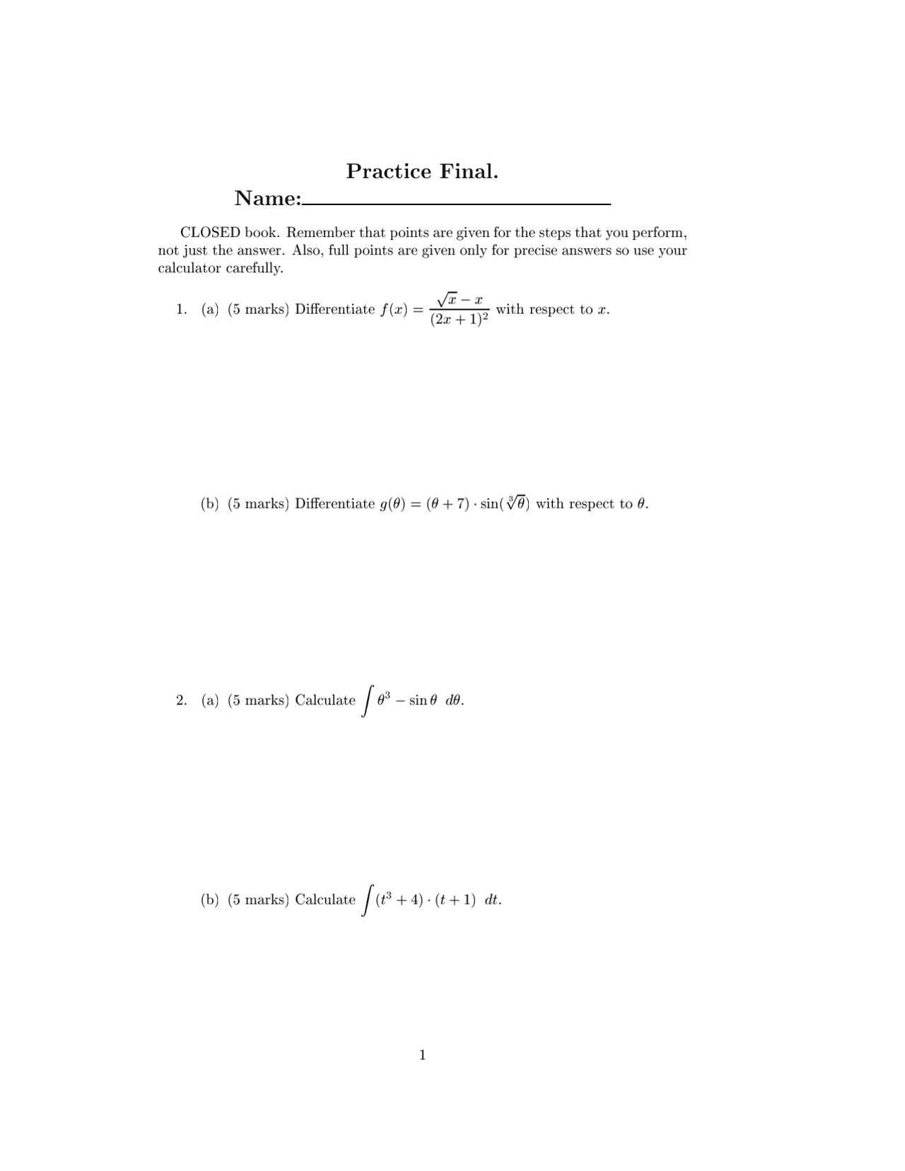 Practice Questions for Final Examination - Calculus I | MATH 1210 - Docsity