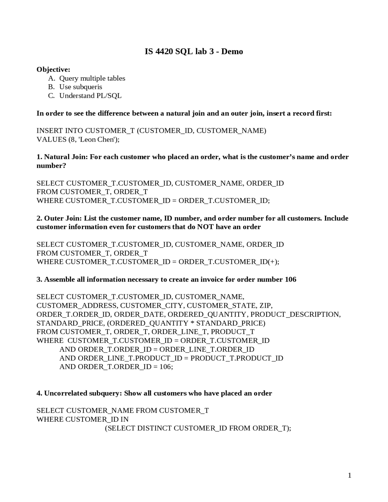 SQL Lab 3 - Demo - Database Fundamentals | IS 4420 - Docsity