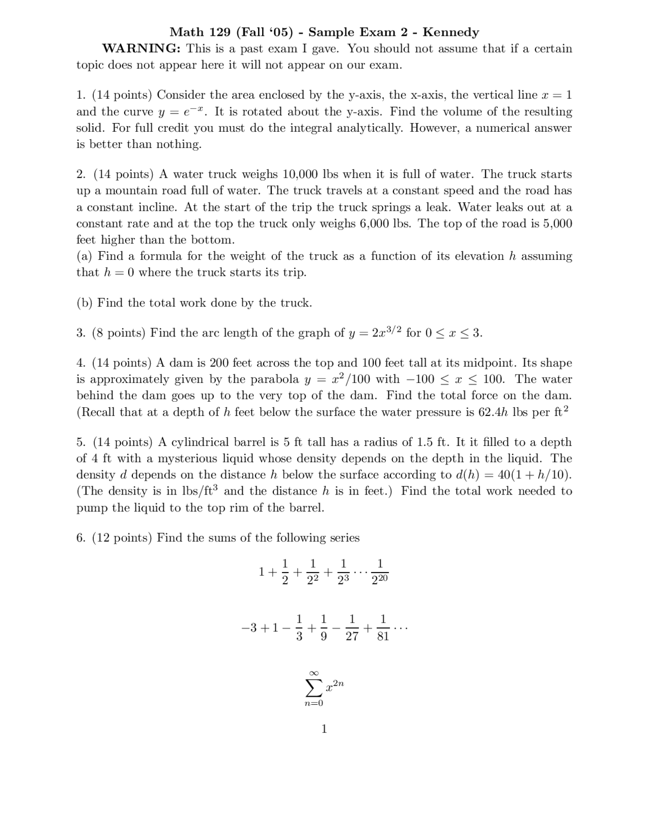 8 Questions On Calculus Ii Sample Exam 2 Math 129 Docsity