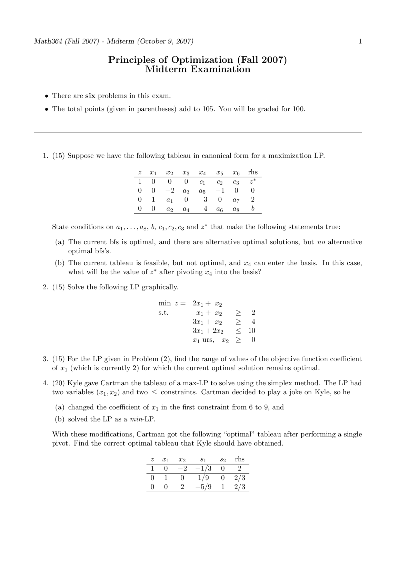 6 Questions Of Principles Of Optimization Midterm Exam Math 364