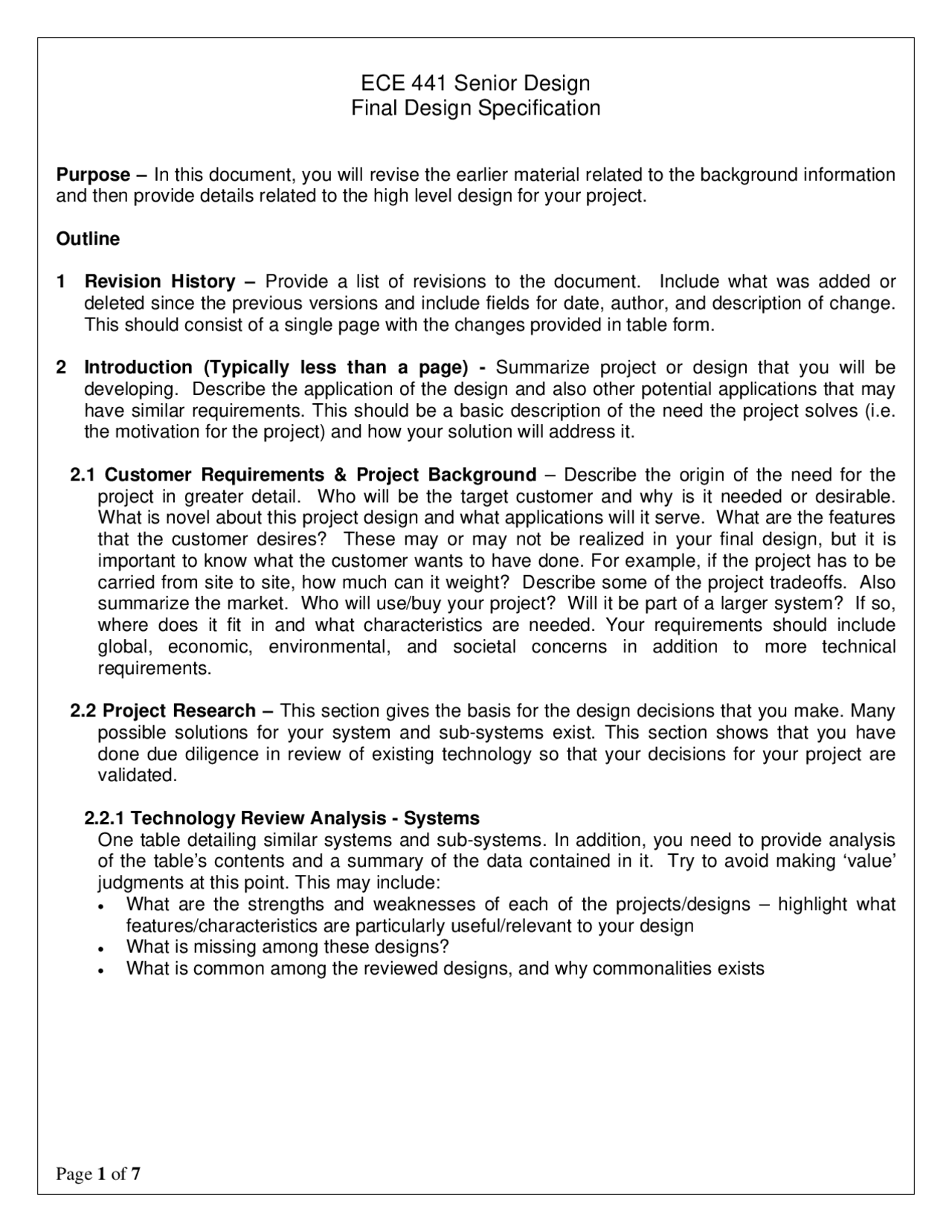 Final Design Specifications Engineering Design Project Ece 441