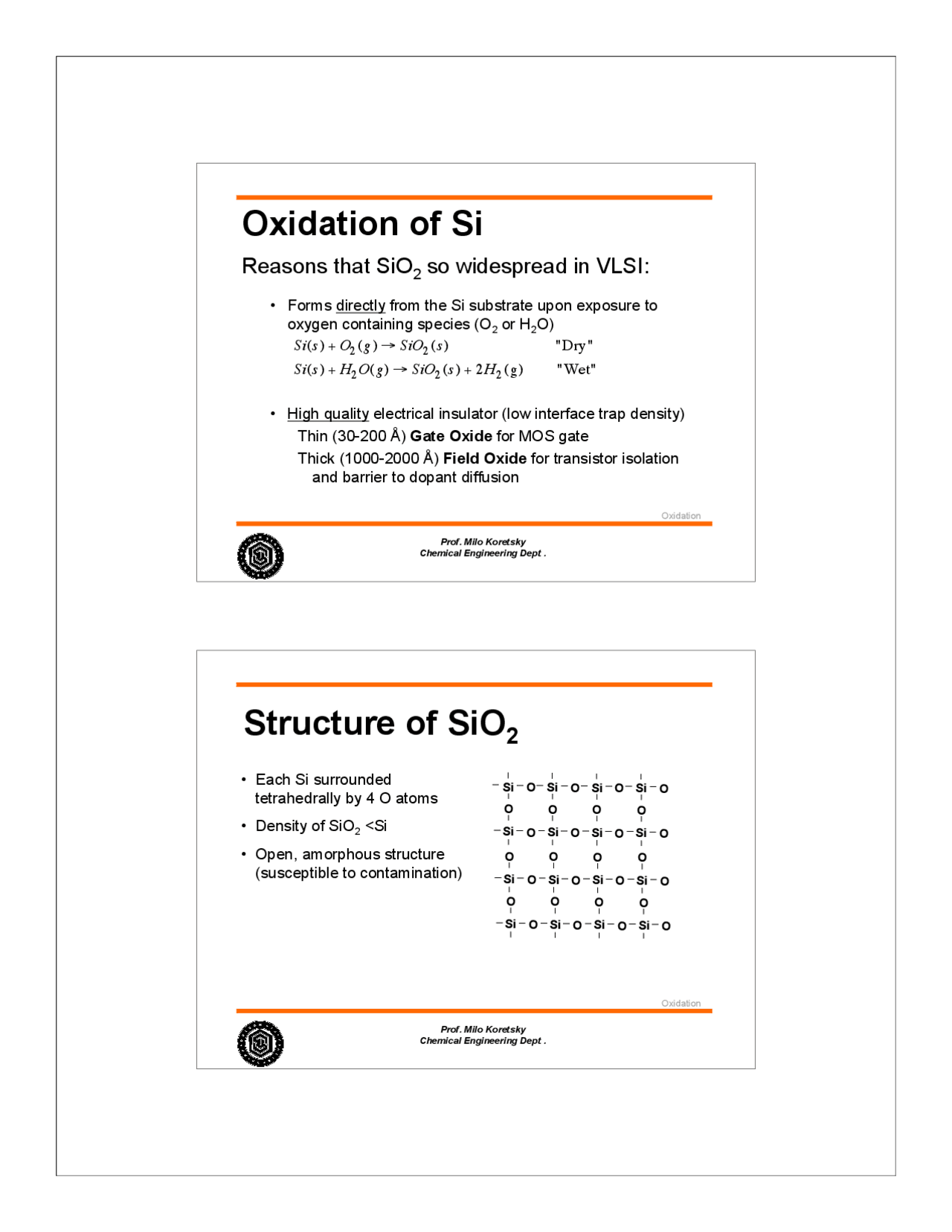 Oxidation Of Si Lecture Slides Electronic Materials Processing