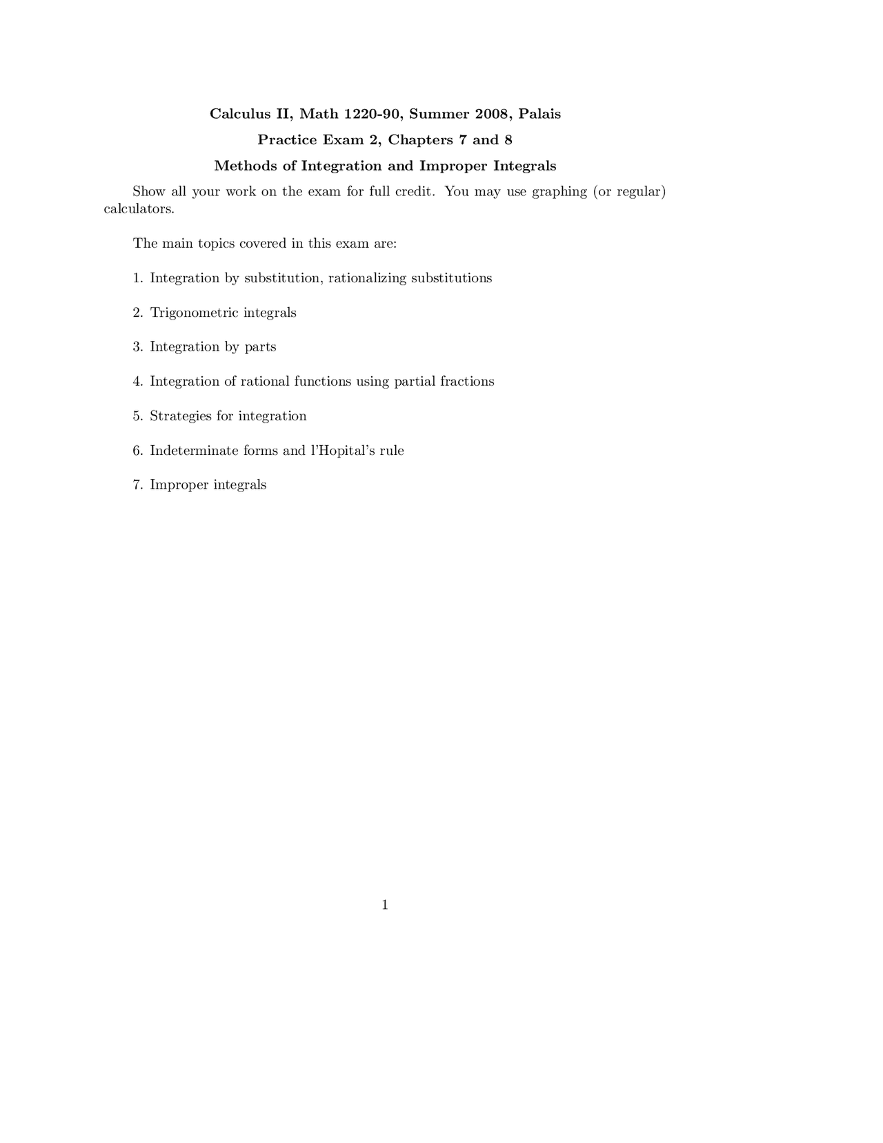 Methods Of Integration And Improper Integrals Practice Exam 2 Math