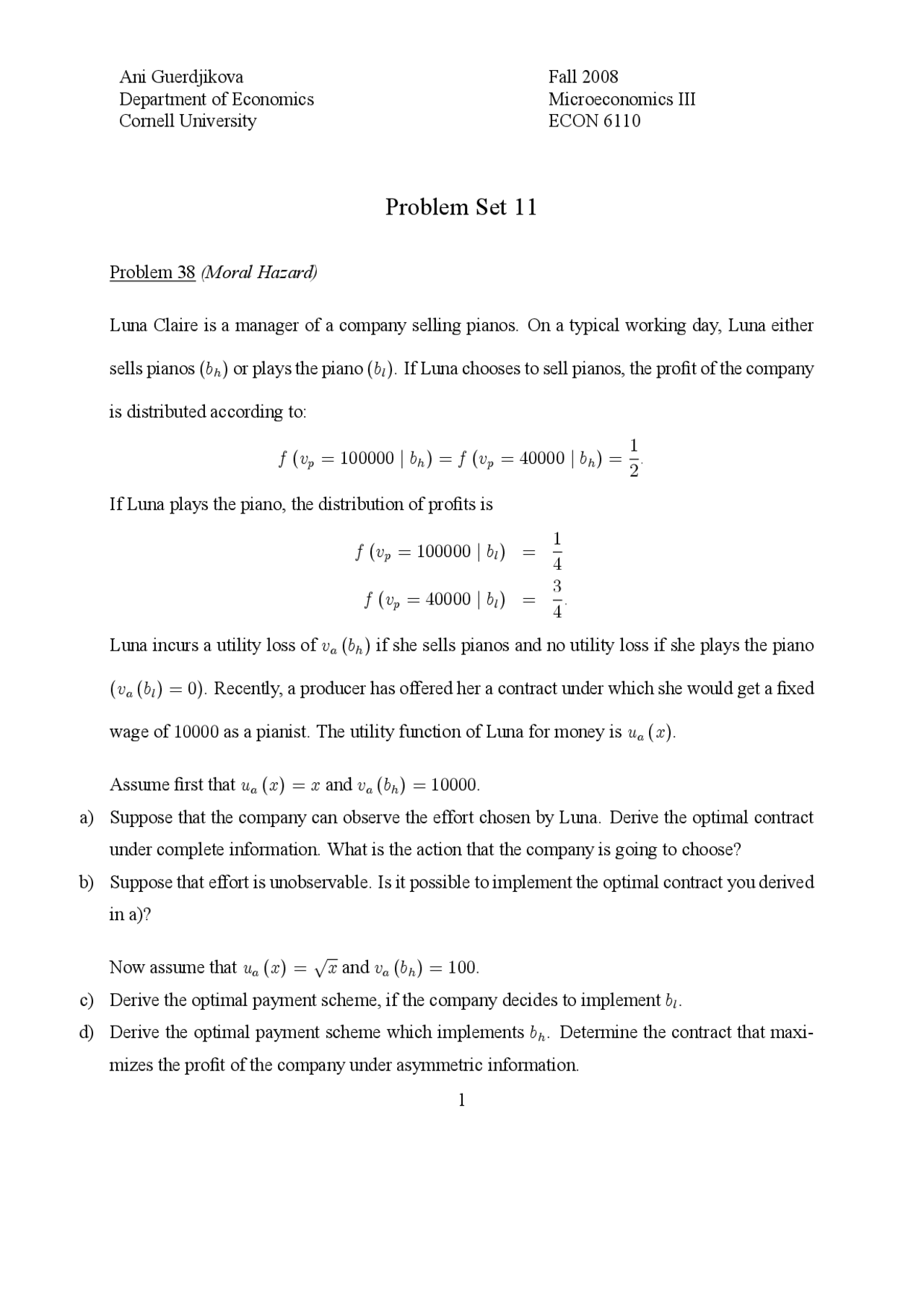 Problem Set 11 Solutions Microeconomic Theory Iii Econ 6110 Docsity