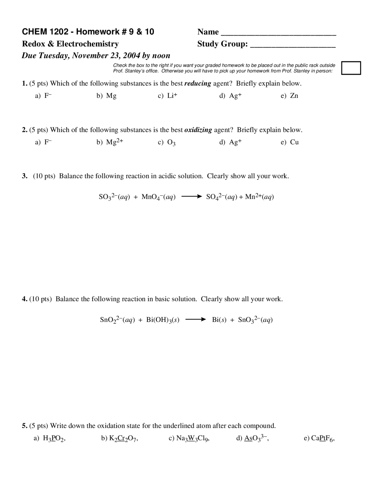 General Chemistry - Homework 9 Redox and Electrochemistry | CHEM 1202 ...