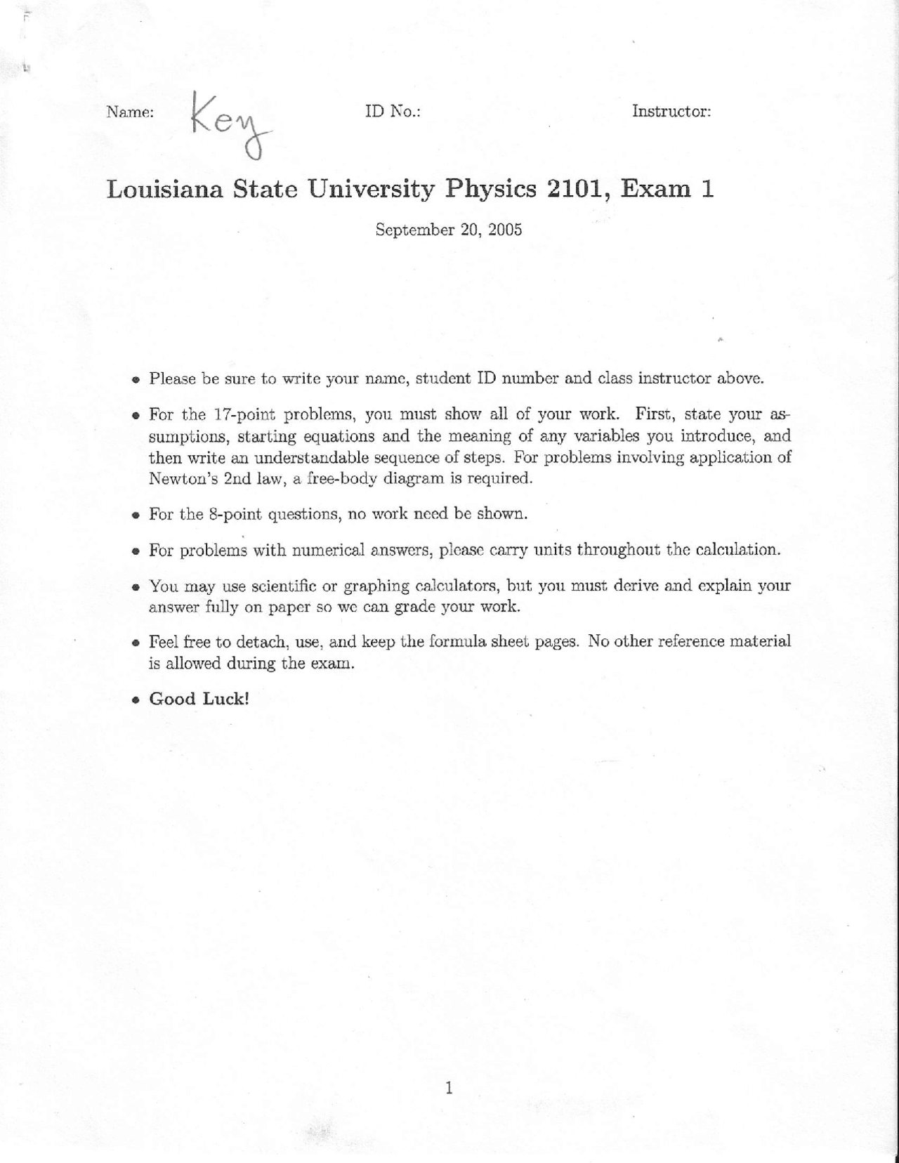 Exam 1 with Key for General Physics for Technical Students | PHYS 2101 ...