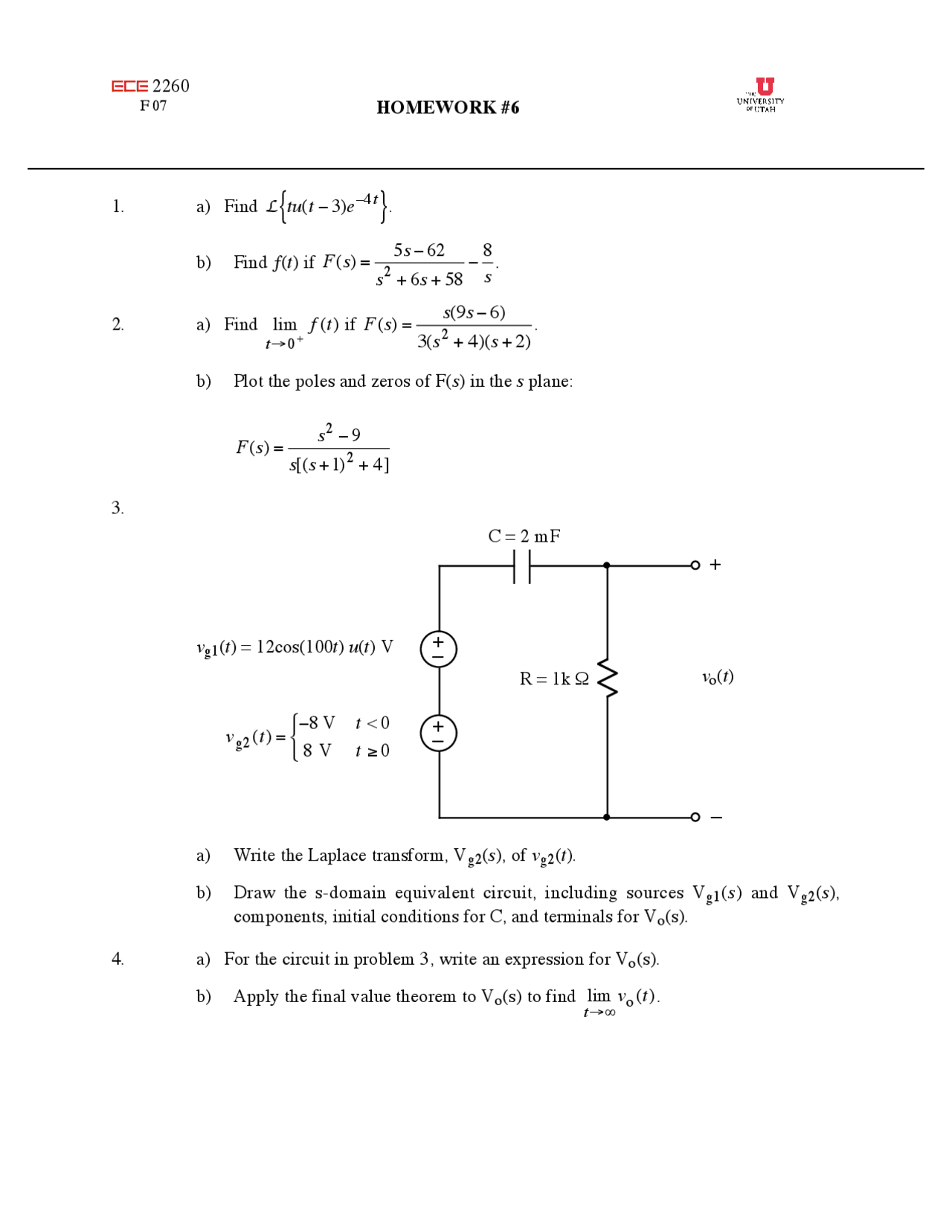 Fundamentals Of Electric Circuits Homework 6 Ece 2260 Docsity