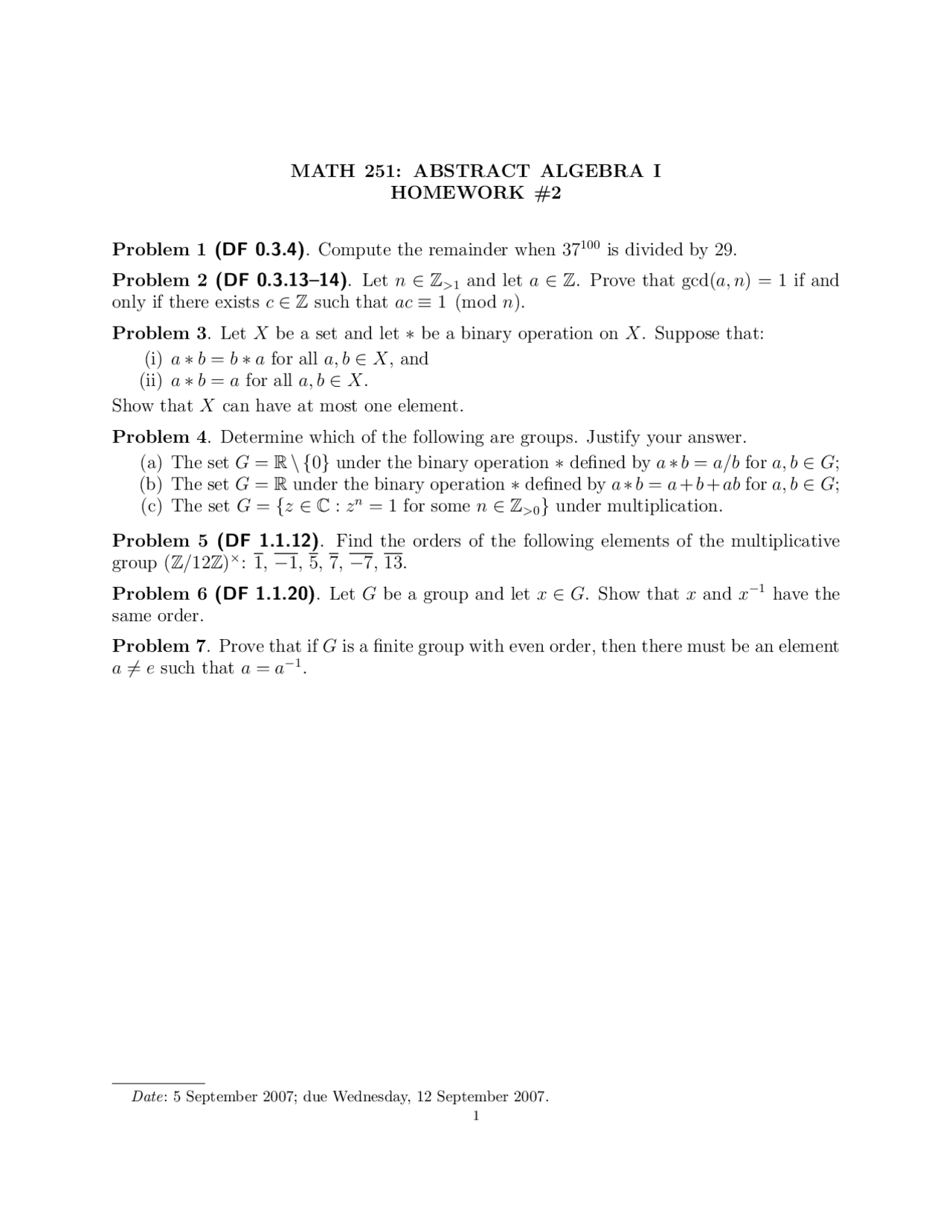 Homework 2 Problems for Abstract Algebra I | MATH 251 - Docsity