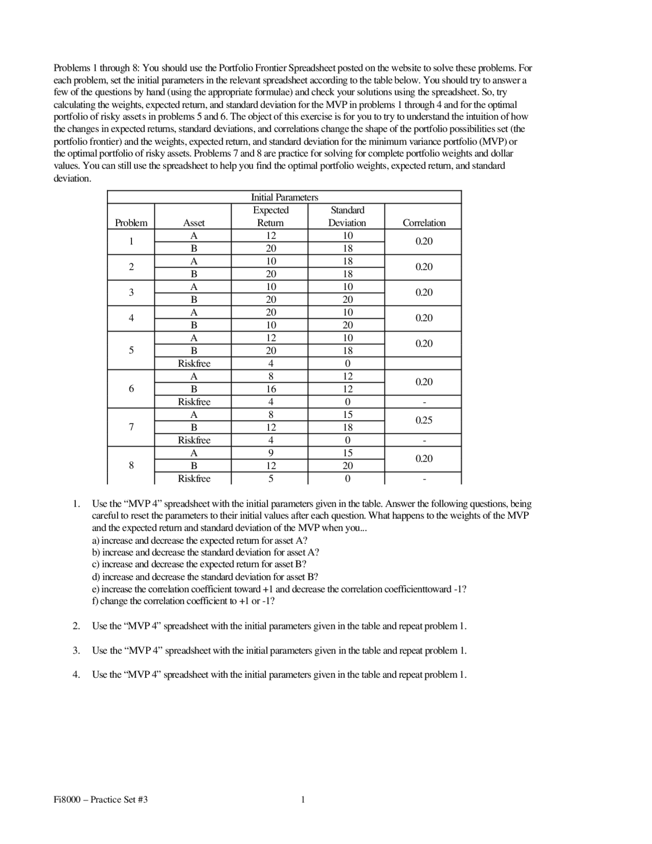 23 Problems on Portfolio Frontier Spreadsheet - Assignment 1 | FI 8000 - Docsity