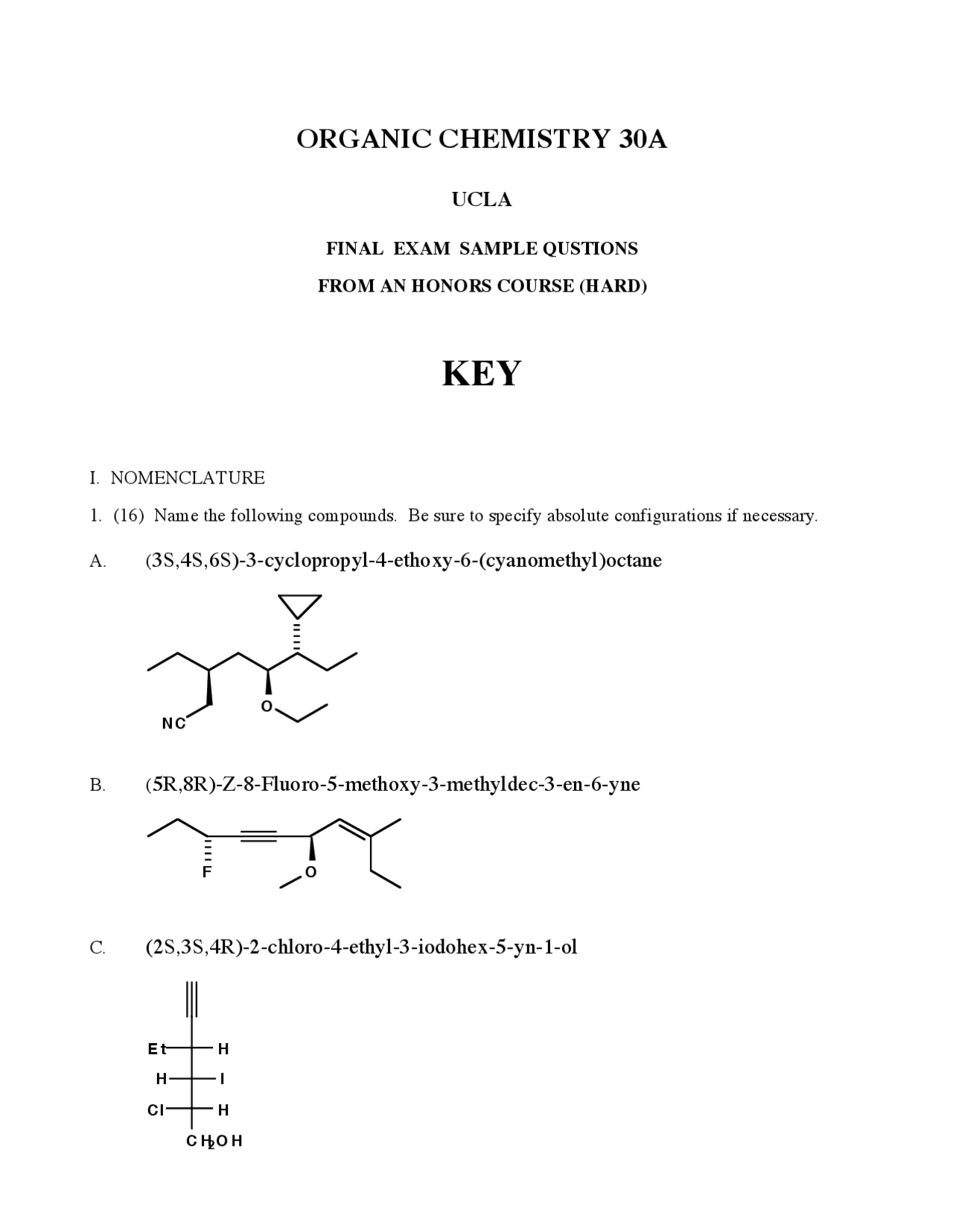 10 Questions with Solution of Organic Chemistry I - Final Exam | CHEM ...