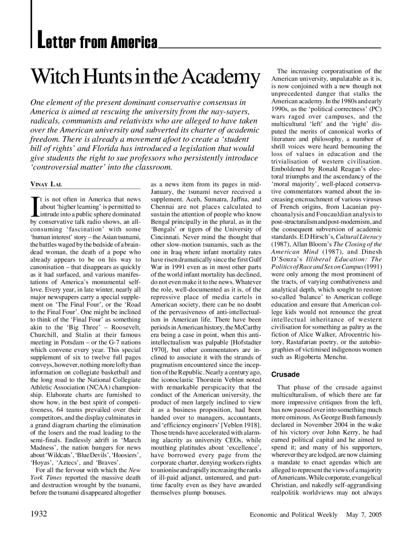 Witch hunts in the Academy: letter from the America | ASIAN 0251 - Docsity