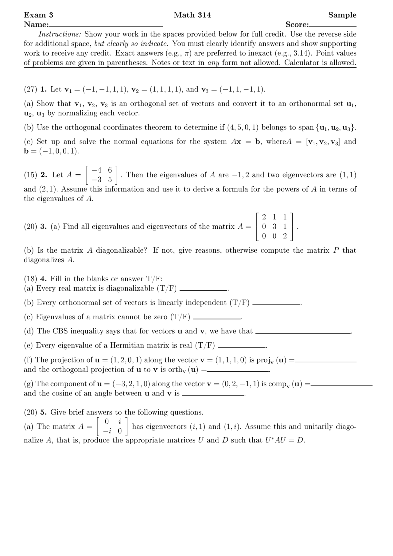 Exam 3 With Practice Problems Applied Linear Algebra Matrix Theory
