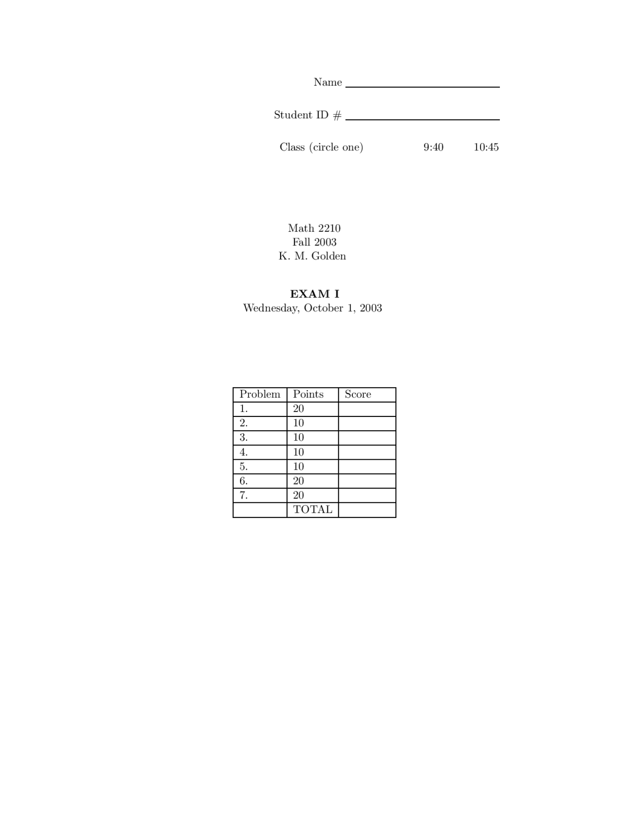 Exam 1 - Calculus III - 7 Problems | MATH 2210 - Docsity