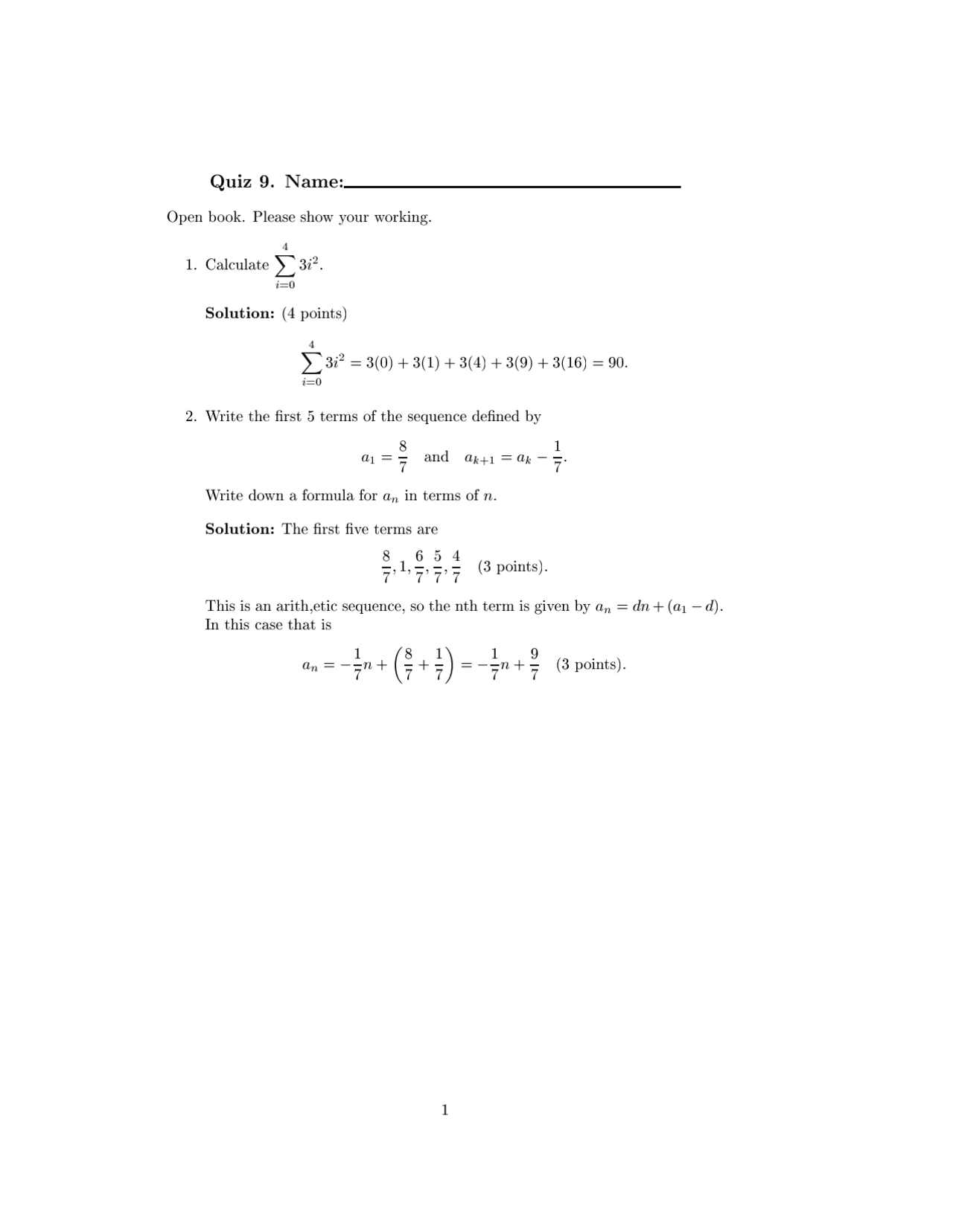 Quiz 9 with Solution for College Algebra | MATH 1050 - Docsity