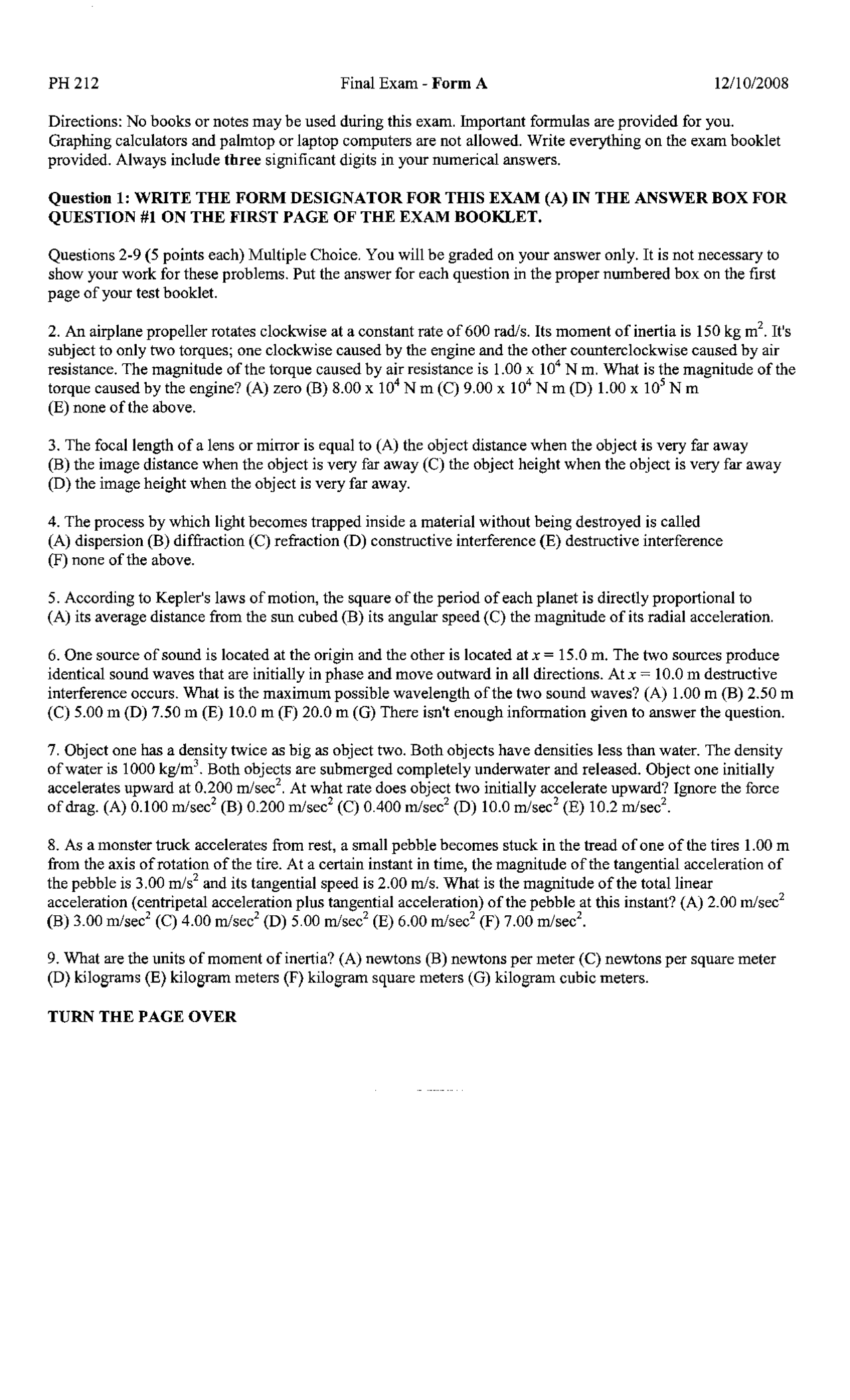 Multiple Choice Questions For Final Exam General Physics With