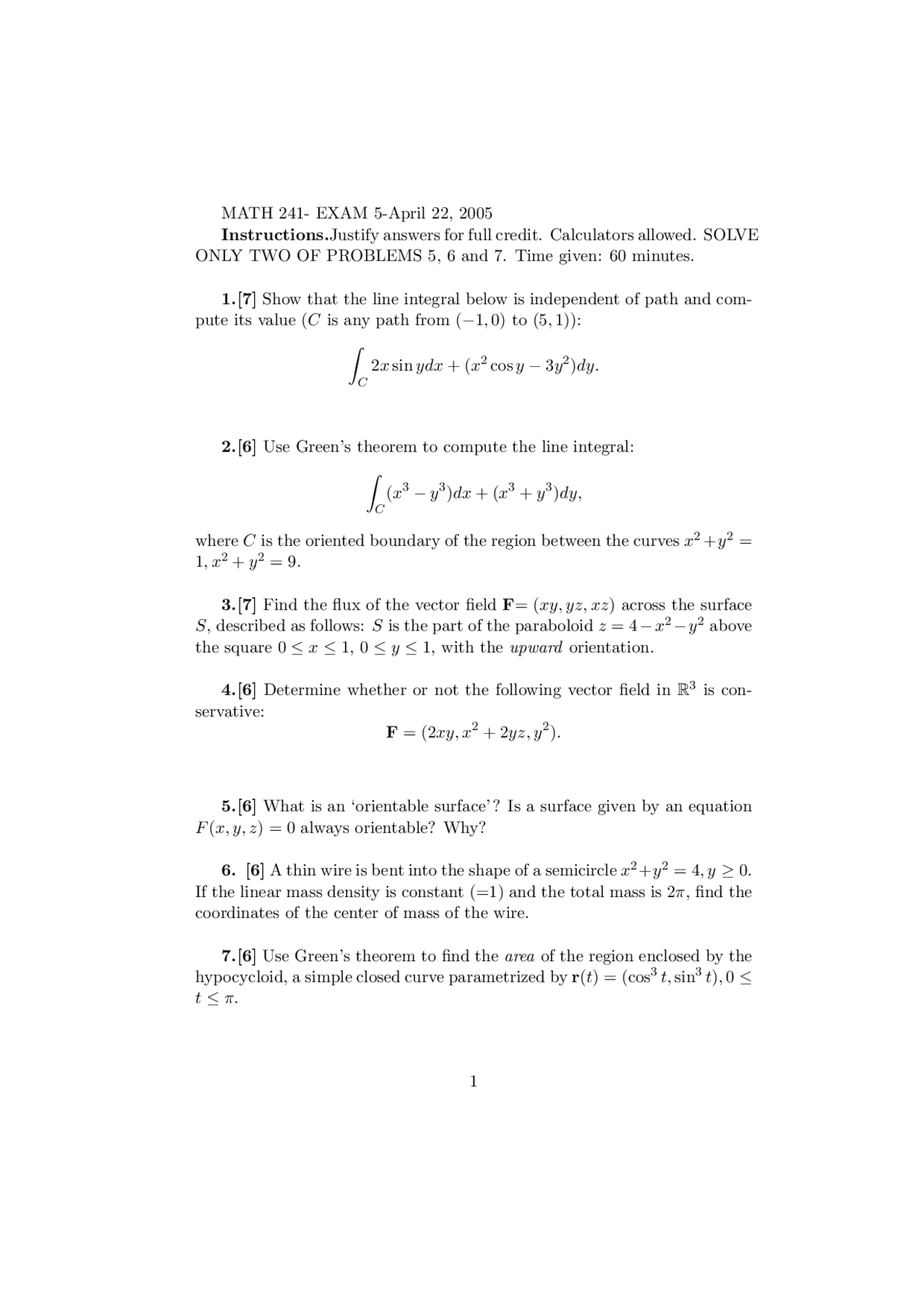 7 Questions Of Calculus Iii Exam 5 Fall 2005 Math 241 Docsity