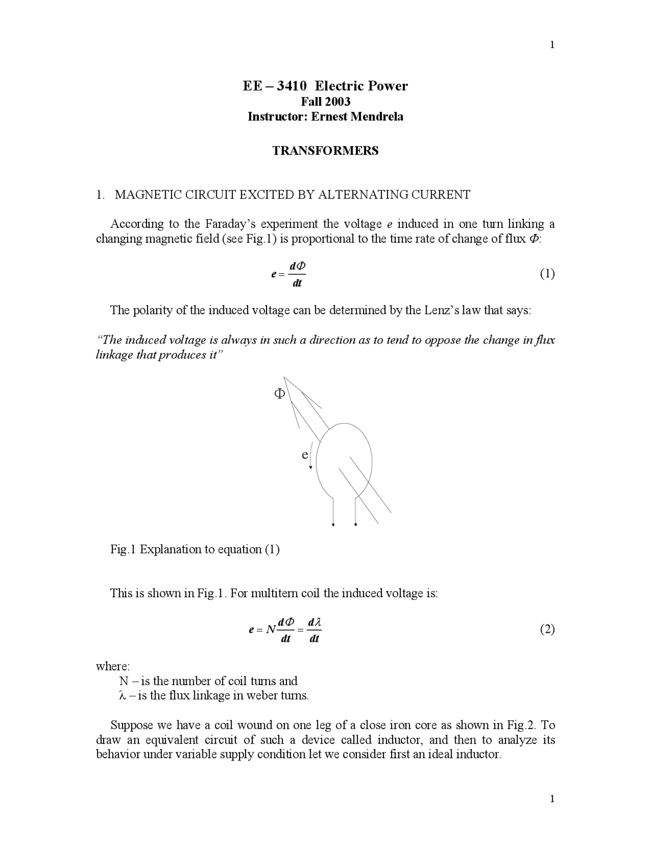 Notes On Transformers Electric Power Ee 3410 Papers Electrical