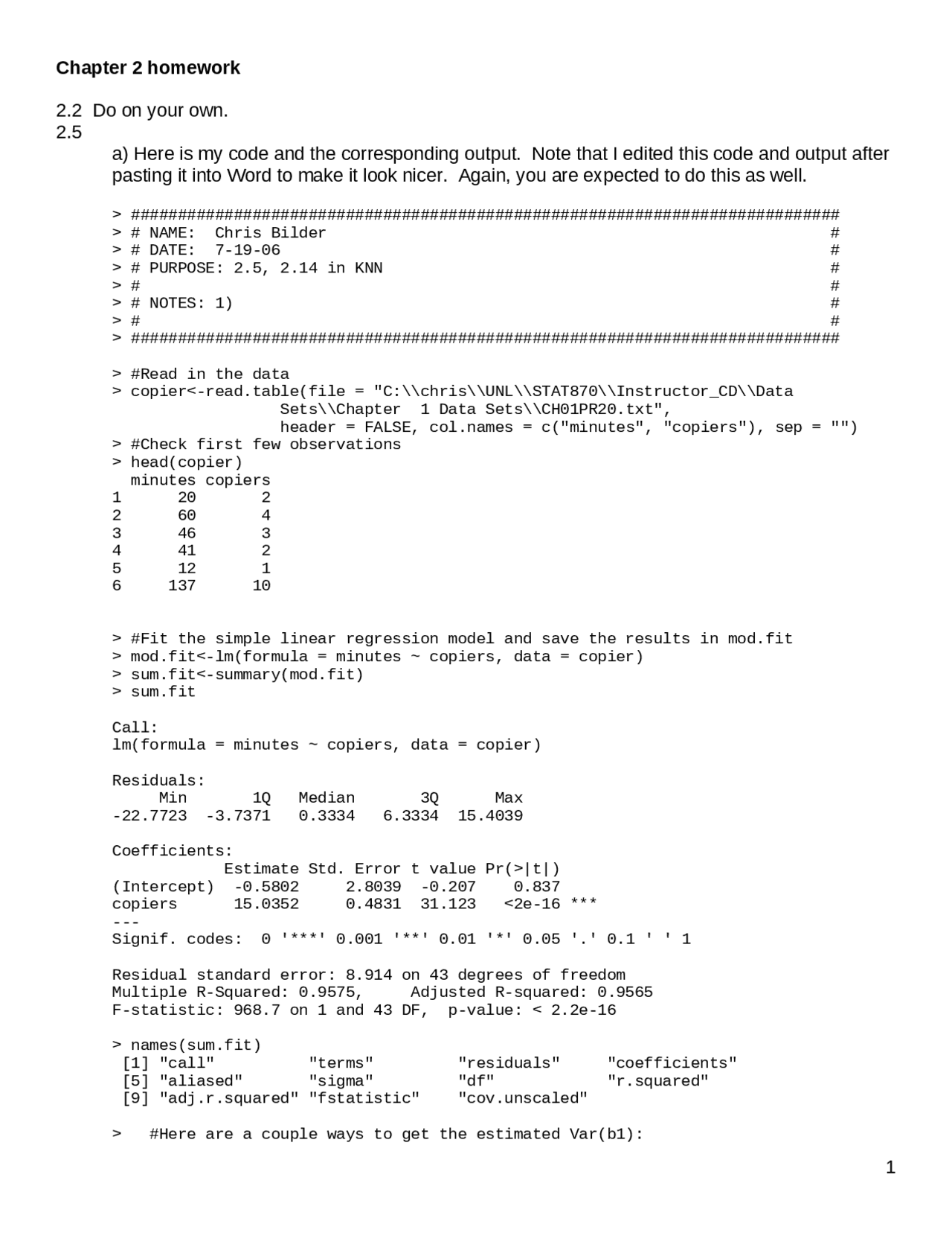 Homework 2 Questions For Multiple Regression Stat 870 Docsity