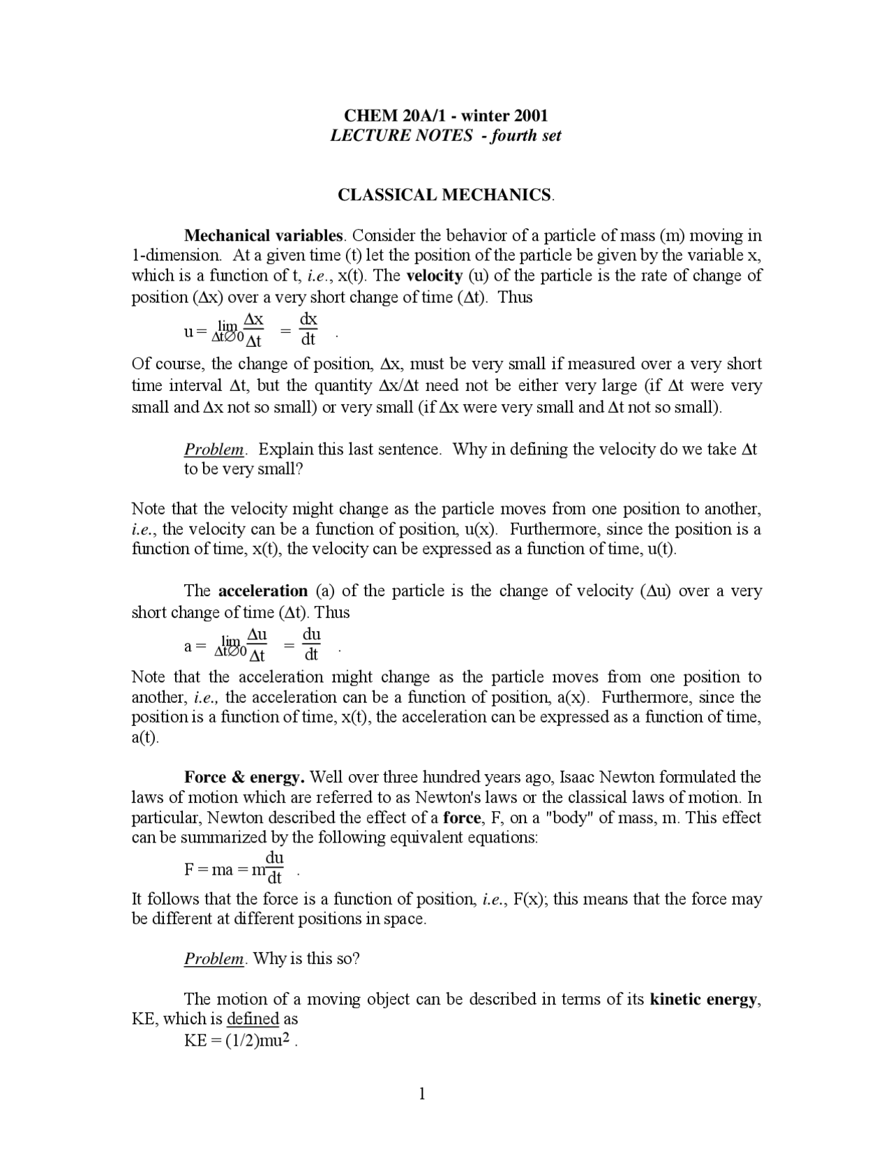 Classical Mechanics - Chemical Structure - Handout | CHEM 20A - Docsity