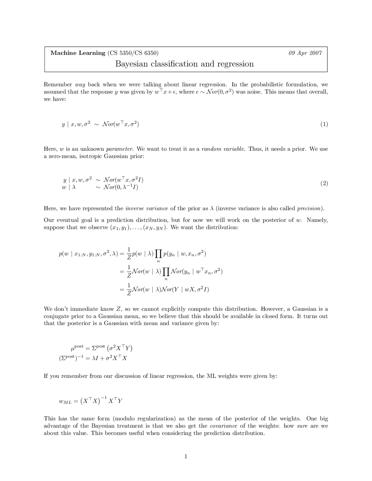 Bayesian Classification And Regression Lecture Notes Cs 5350 Exams Computer Science Docsity
